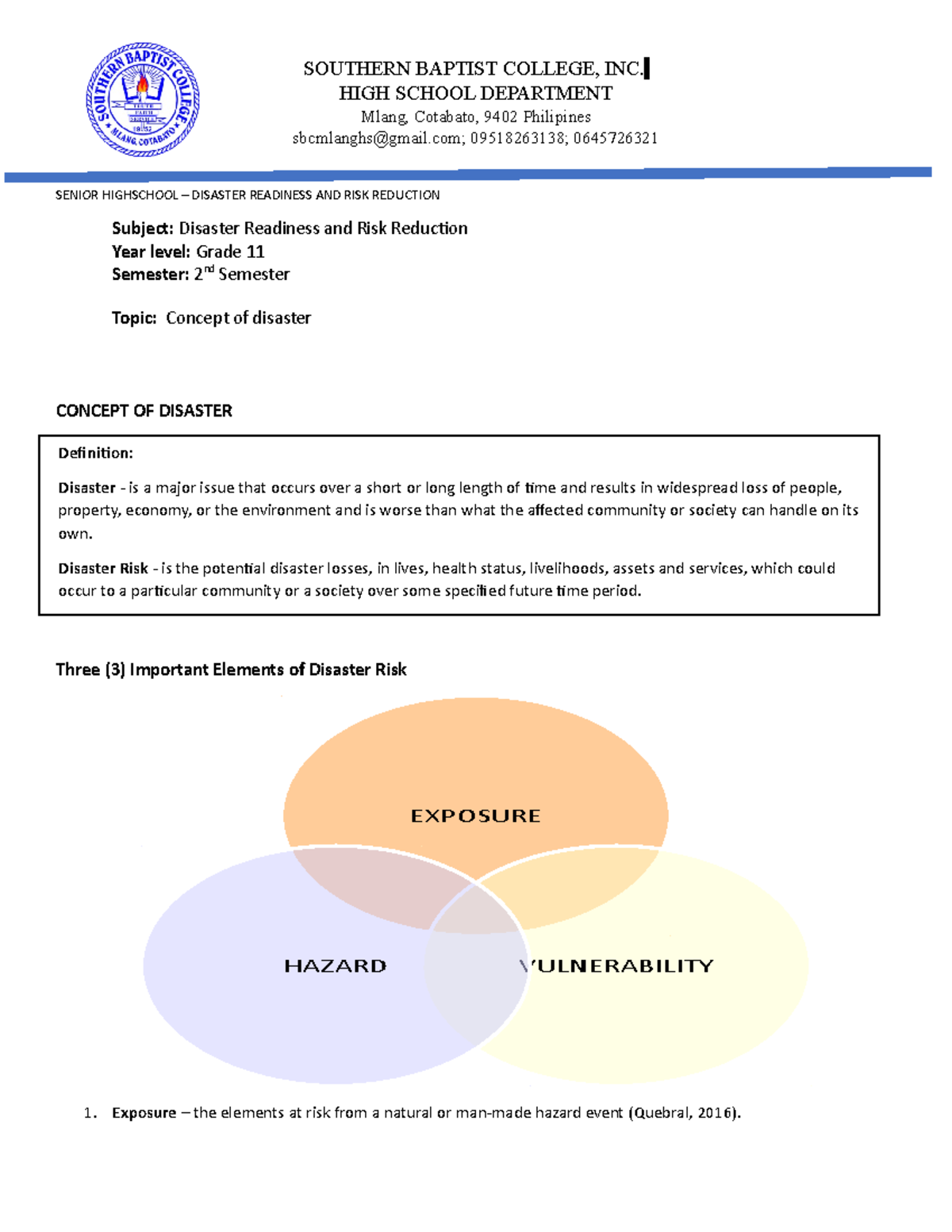 Lesson 1 Concept of Disaster - SOUTHERN BAPTIST COLLEGE, INC. HIGH ...