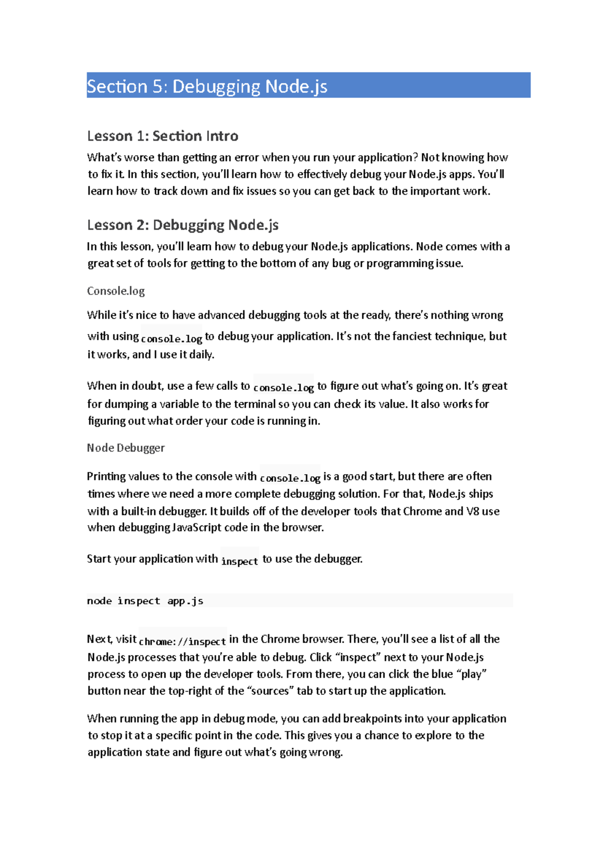Node3 - notes - Section 5: Debugging Node Lesson 1: Section Intro What ...