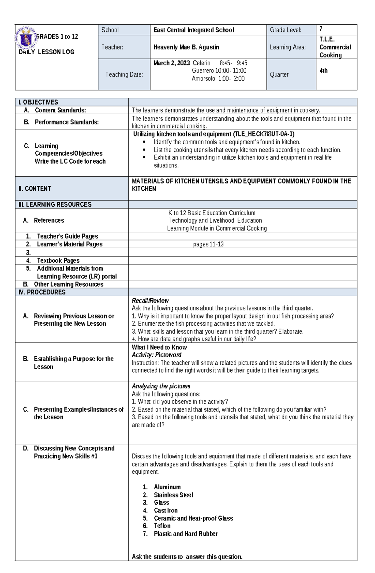 Daily Lesson Plan March 2 - GRADES 1 to 12 DAILY LESSON LOG School East ...