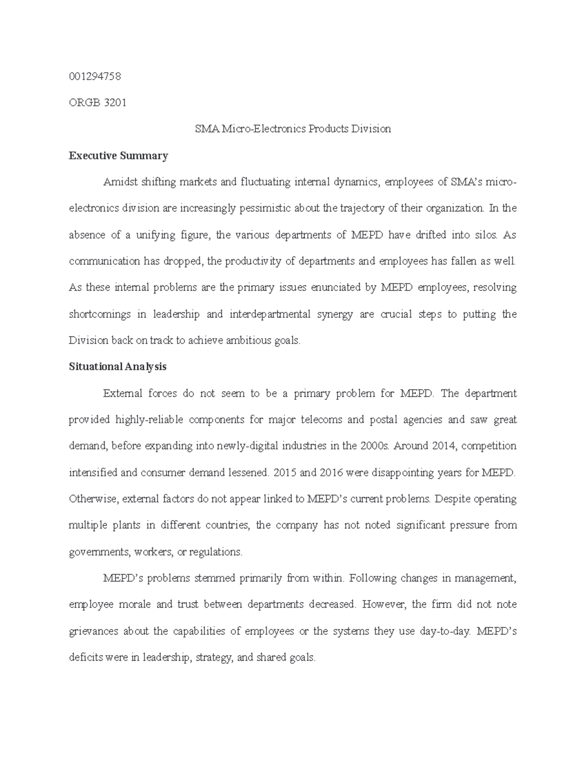 Harvard SMA/MEPD Case Study - 001294758 ORGB 3201 SMA Micro-Electronics Products Division ...