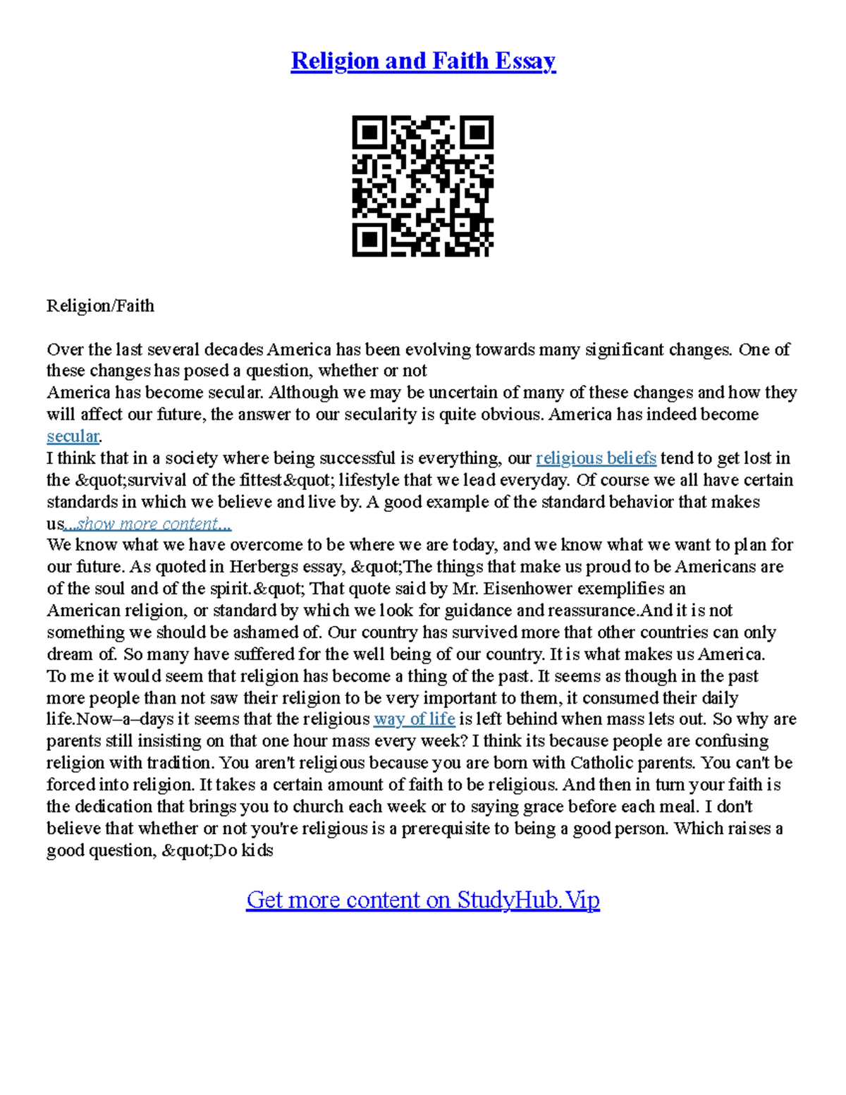 Faith Essay Faith Essay - Religion and Faith Essay Religion/Faith Over ...