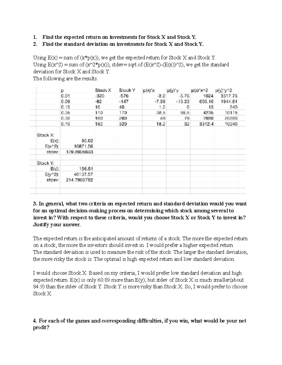 homework probabilities and mathmatics3 - 1. Find the expected return on ...