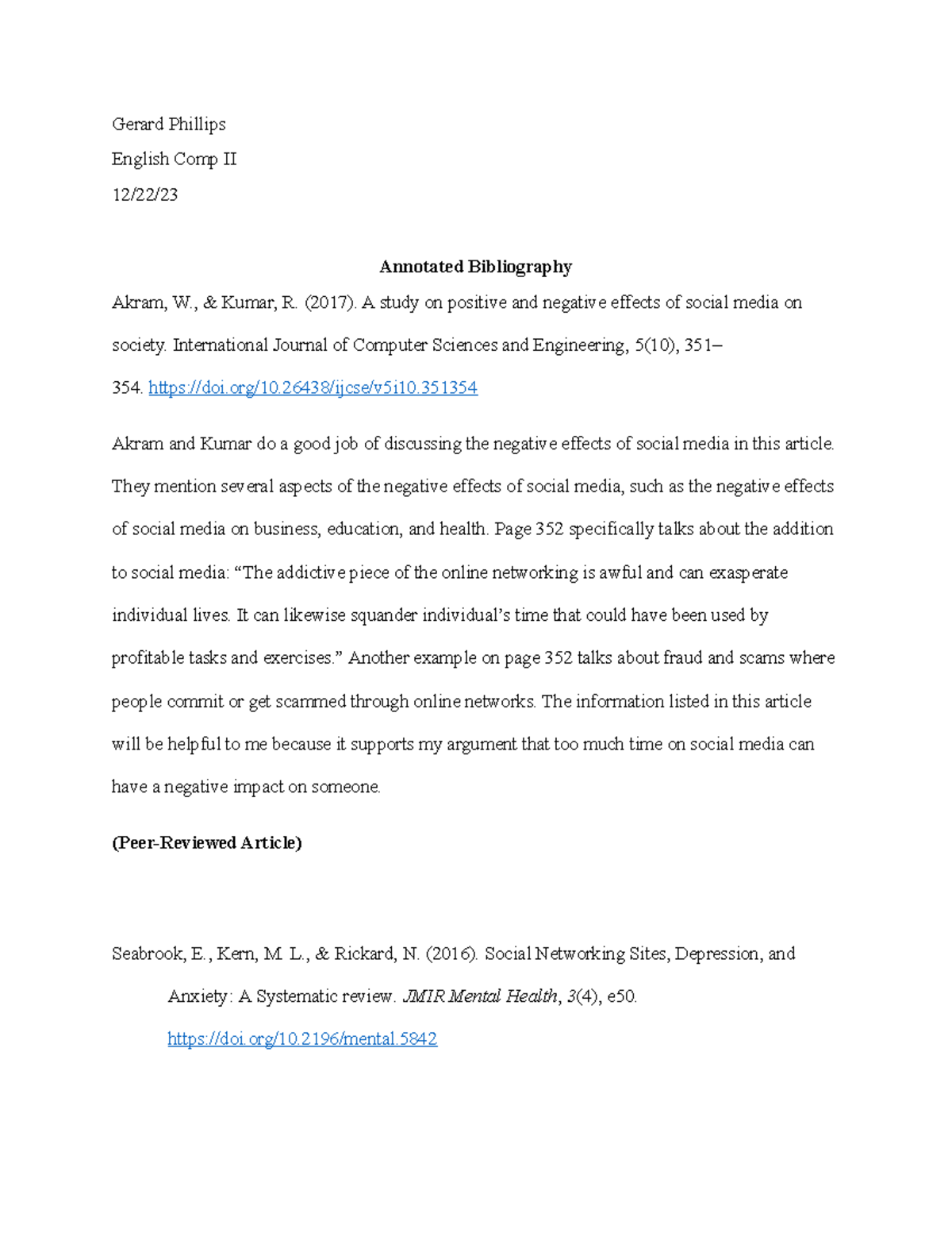 Annotated Bibliography - Gerard Phillips English Comp II 12/22 ...