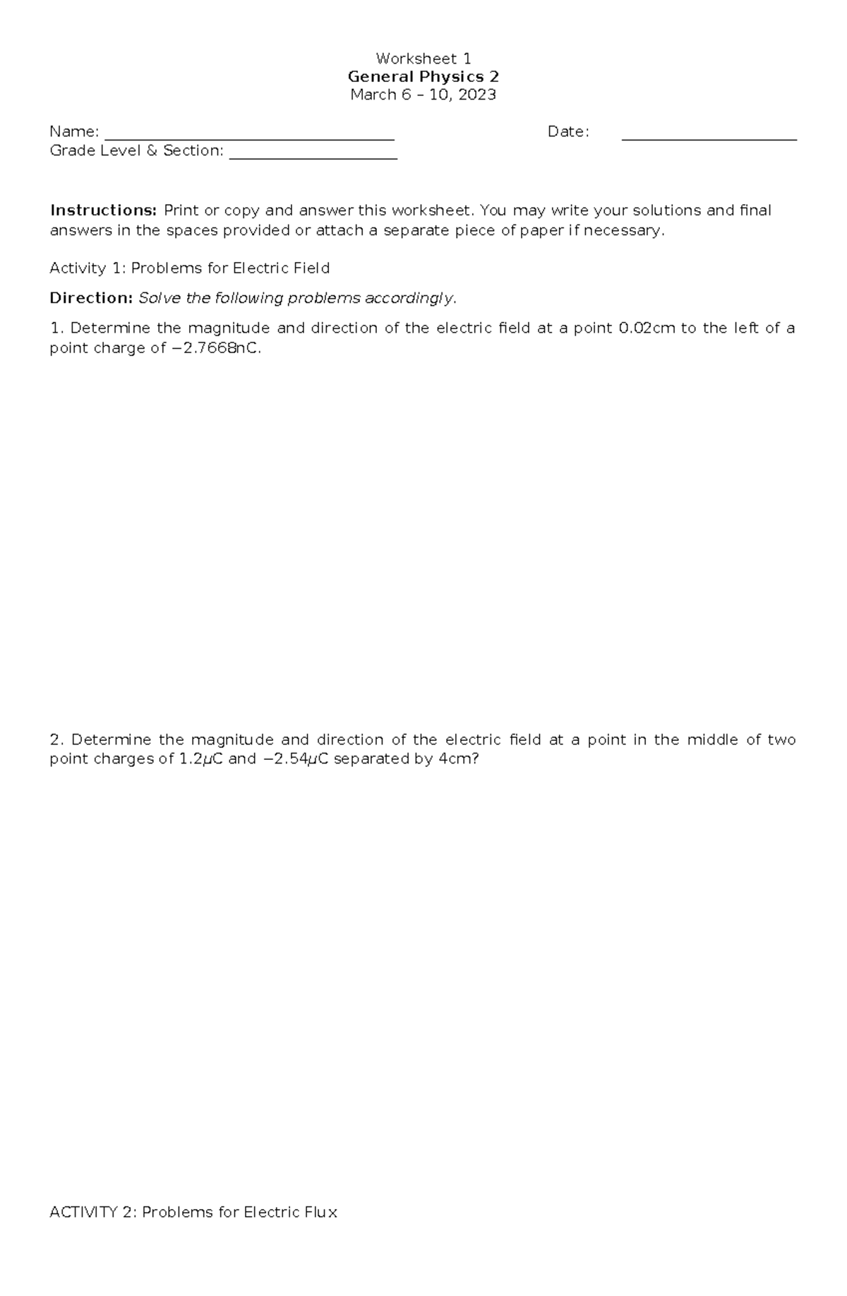 Worksheet Physics 2 - Worksheet 1 General Physics 2 March 6 – 10, 2023 ...