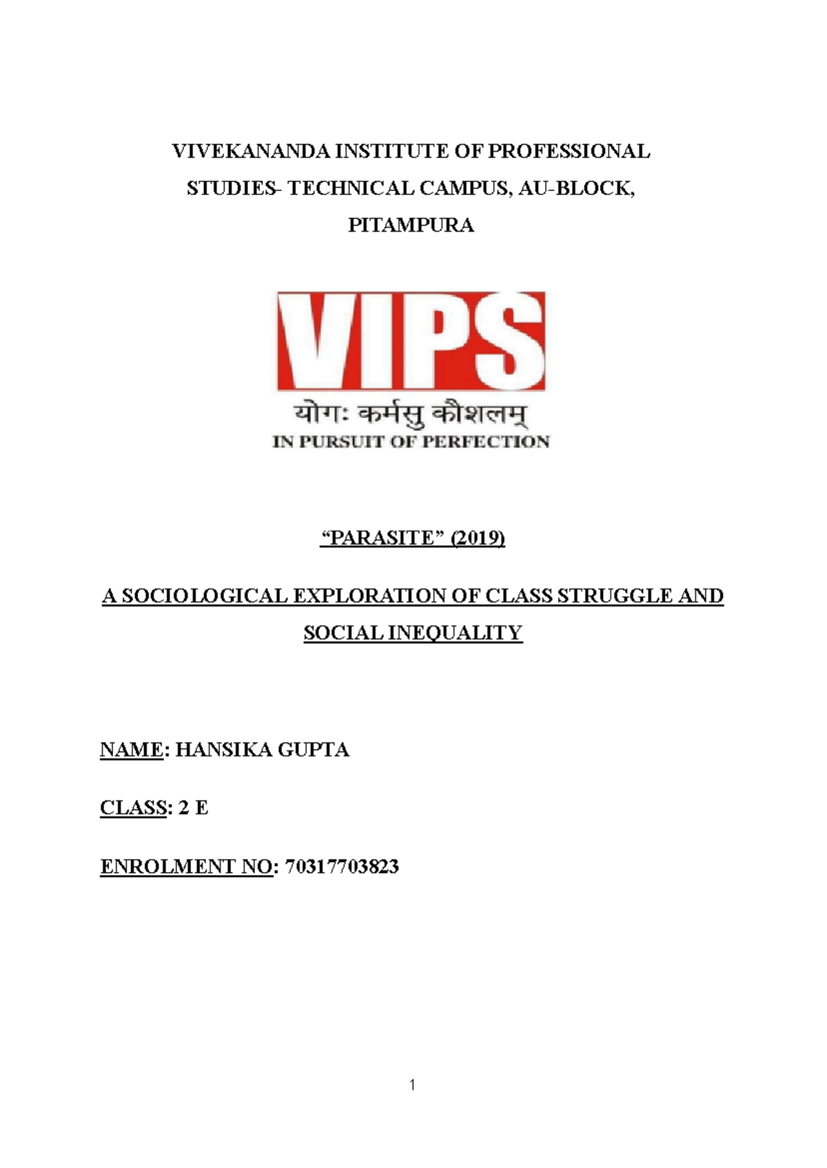 Parasite” (2019 ) - VIVEKANANDA INSTITUTE OF PROFESSIONAL STUDIES- TECHNICAL CAMPUS, AU-BLOCK ...
