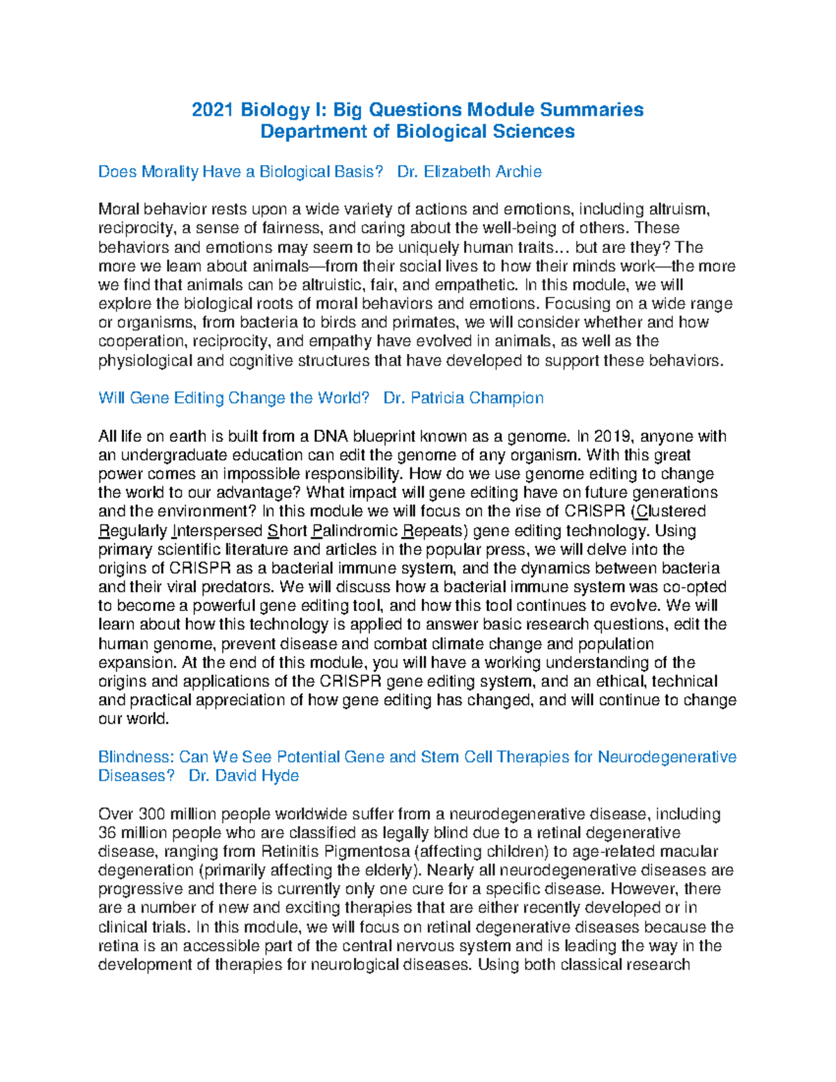 Module Descriptions 2021 - 2021 Biology I: Big Questions Module ...