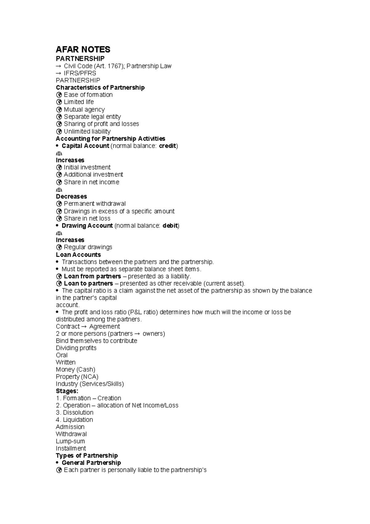 AFAR Notes - AFAR NOTES PARTNERSHIP Civil Code (Art. 1767); Partnership ...
