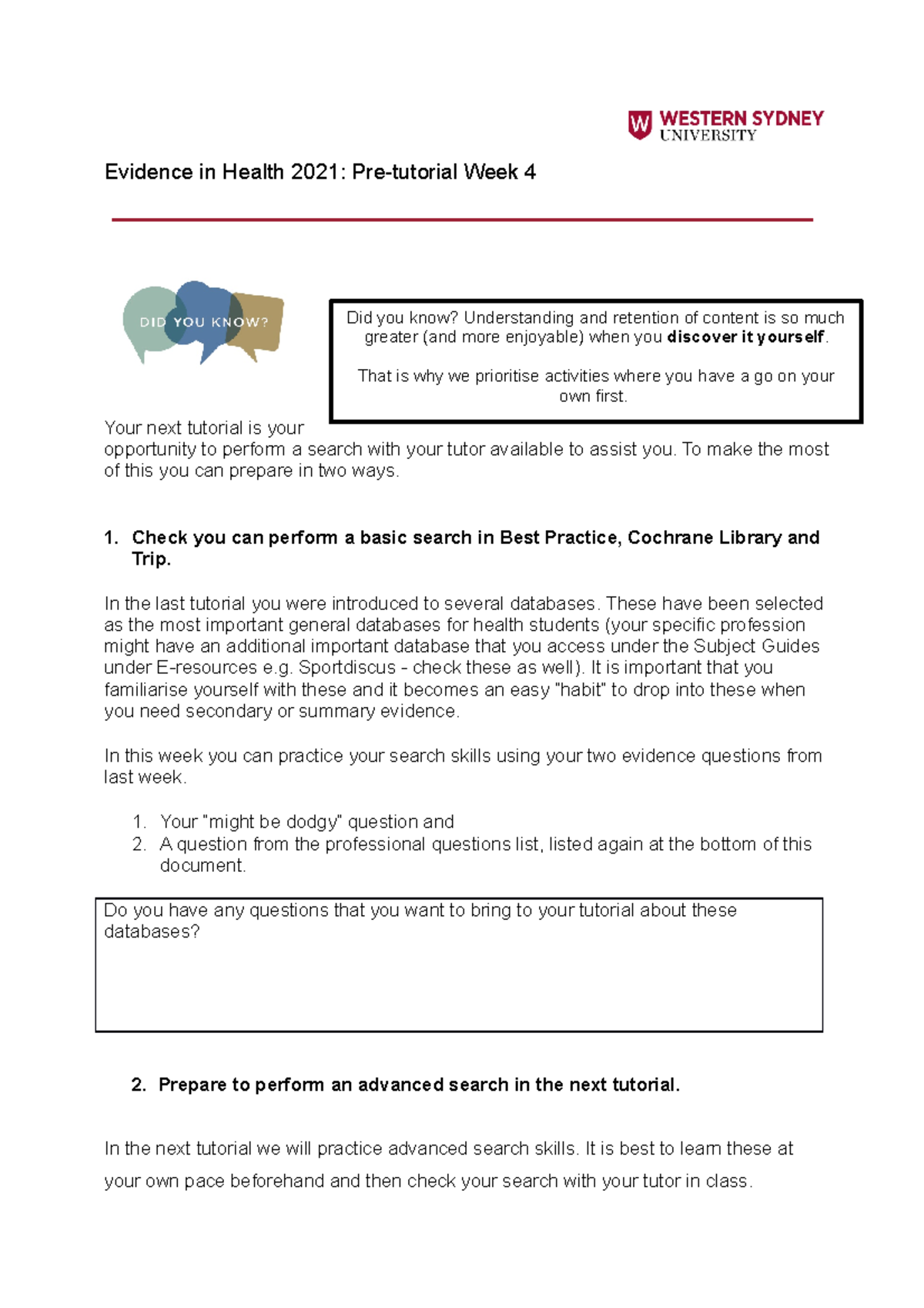 401383 EIH Pre-tutorial Week 04 - 400929 - UWS - Studocu