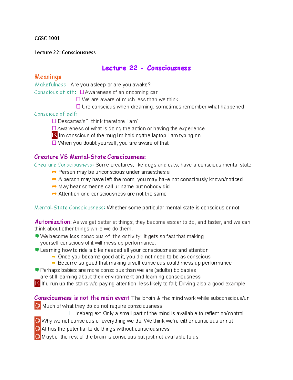 CGSC 1001 Lecture 22 Notes - CGSC 1001 Lecture 22: Consciousness ...