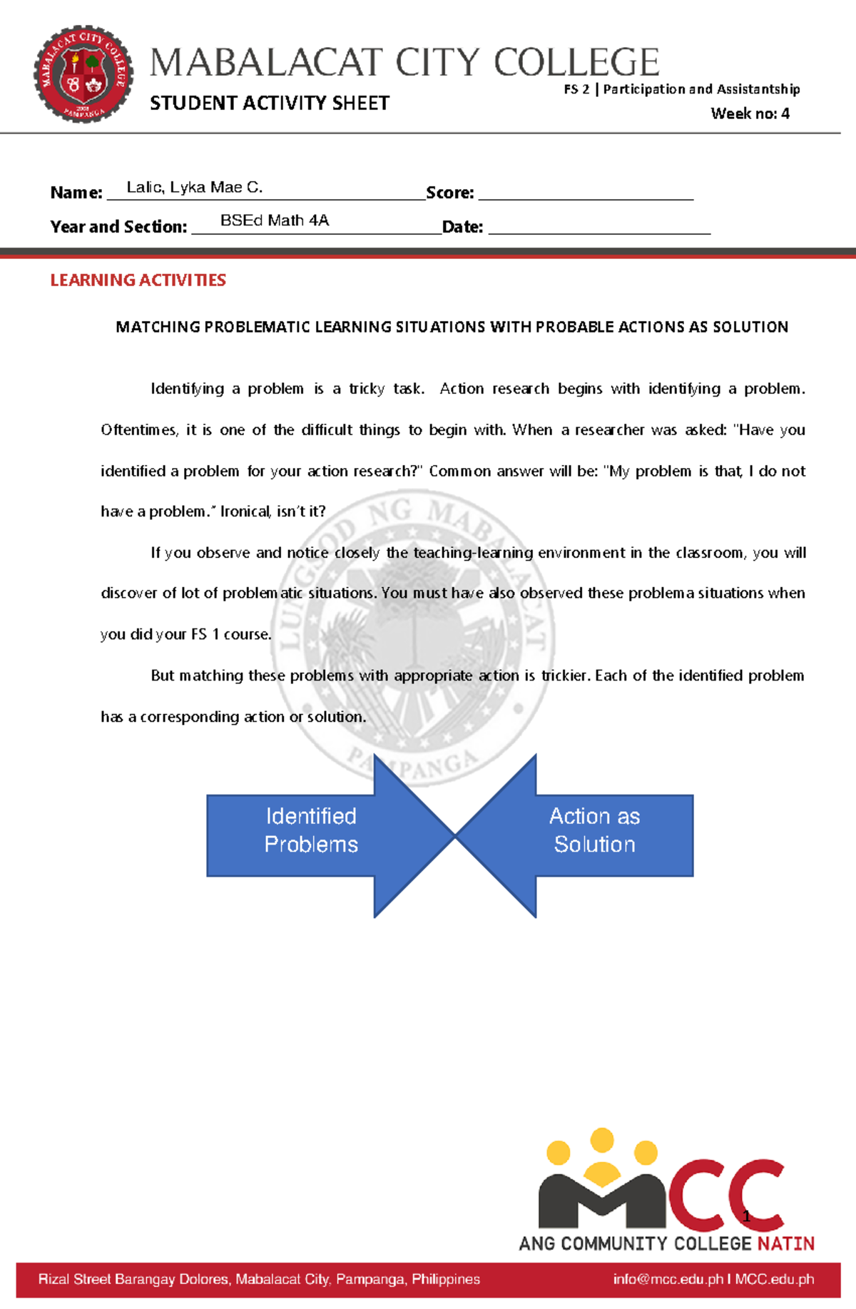 FS2 SAS Week 4 Lalic - FS2 - STUDENT ACTIVITY SHEET Week no: 4 Name ...