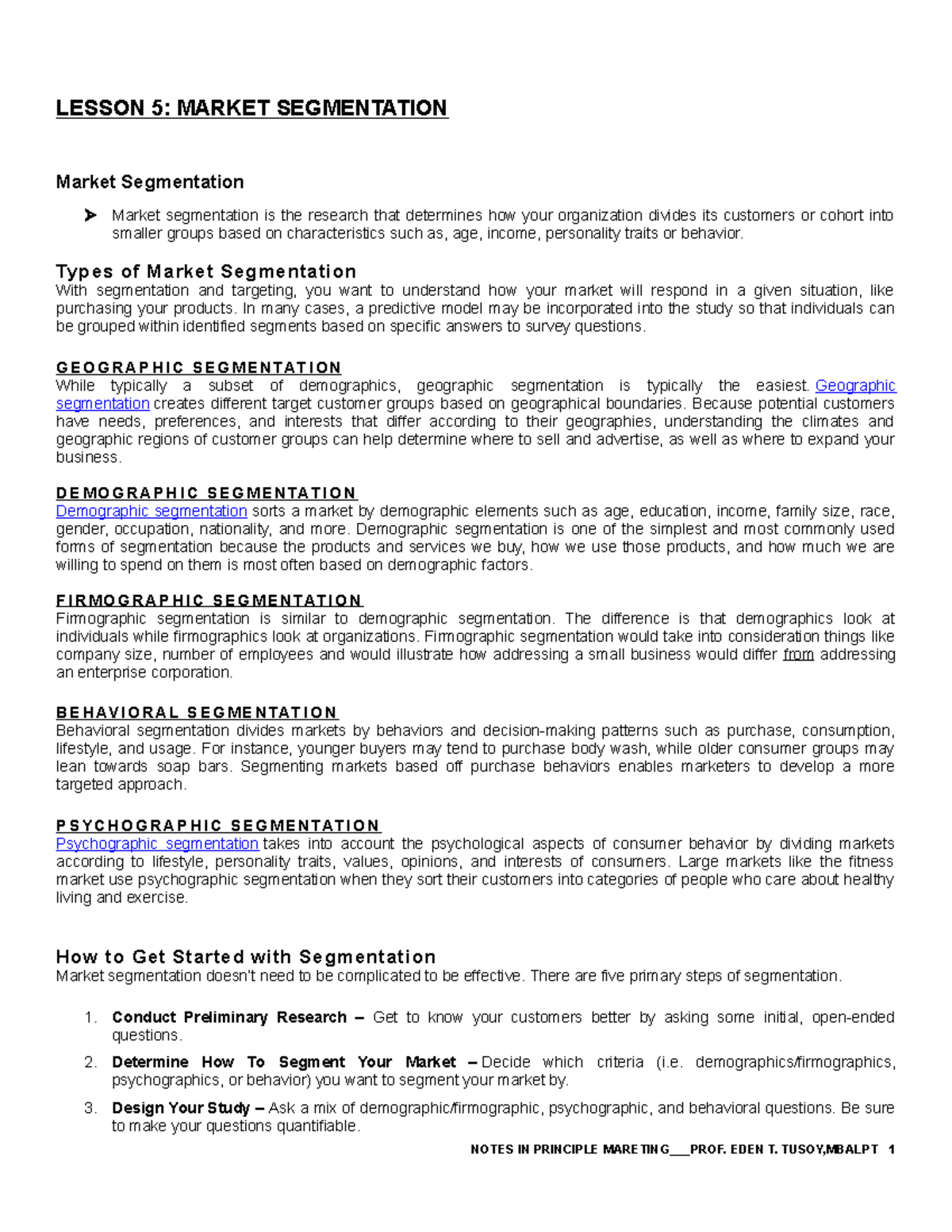 MKTG MNGT Lesson 2 Market Segment - LESSON 5: MARKET SEGMENTATION ...