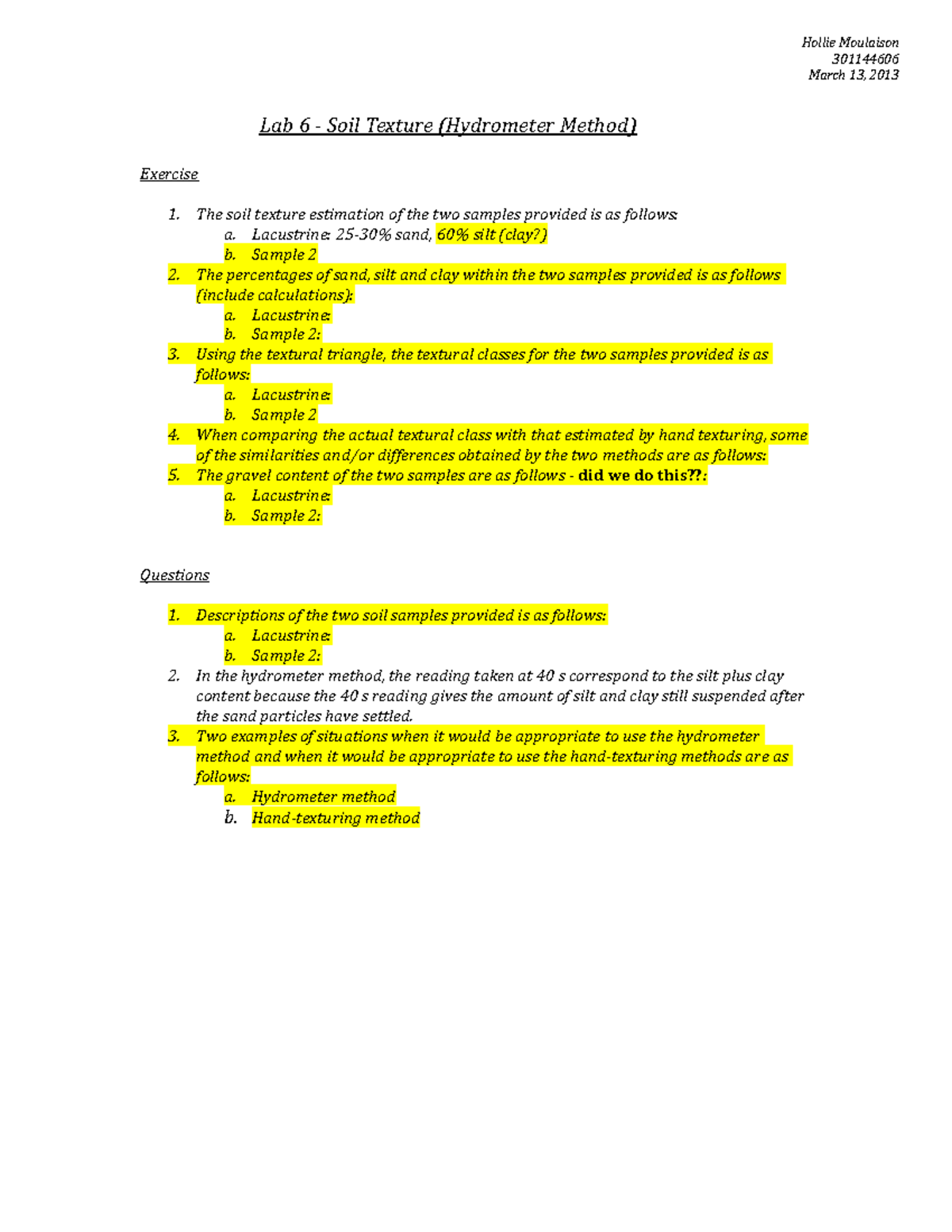 Seminar assignments - lab 6 - soil texture - Lab 6 - Soil Texture ...
