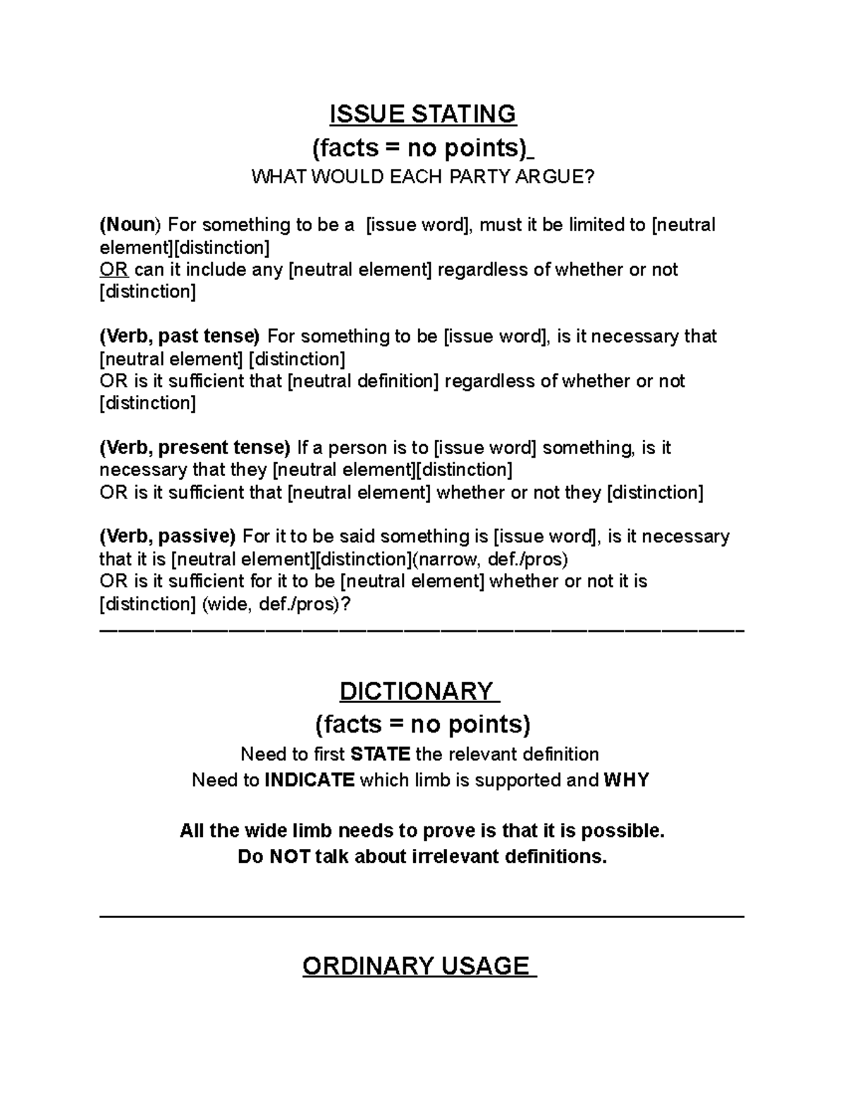 EXAM prep (LAWS123) - ISSUE STATING (facts = no points) WHAT WOULD EACH ...