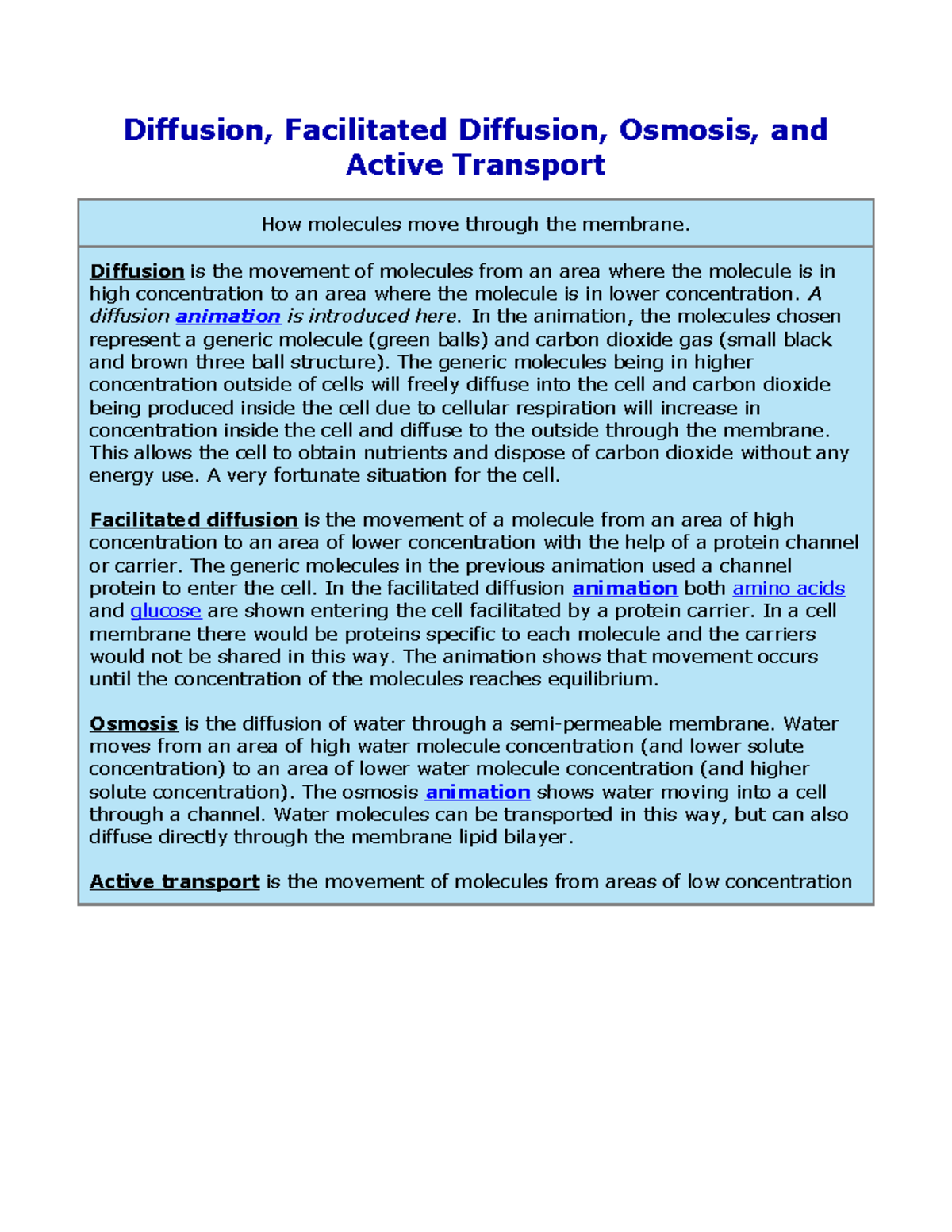 Transport summary with animation - Diffusion, Facilitated Diffusion ...