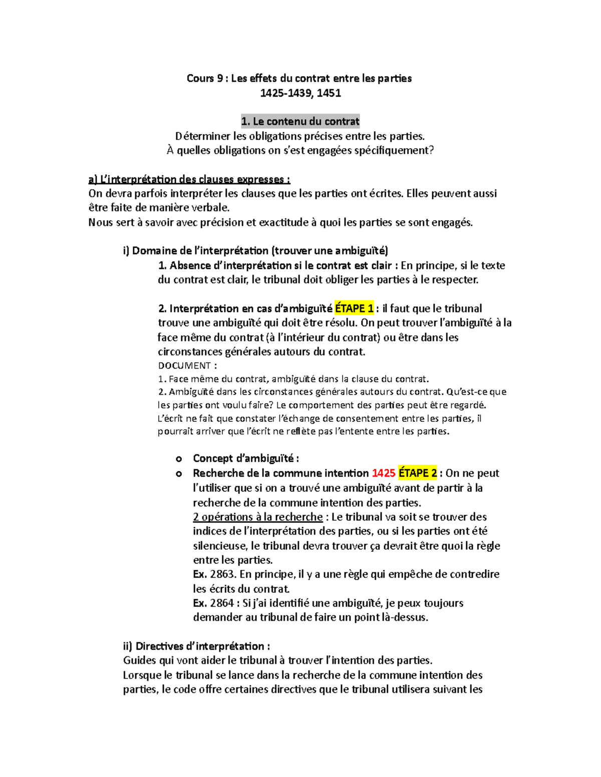 Cours 9 - Cours 9 : Les effets du contrat entre les parties 1425-1439 ...