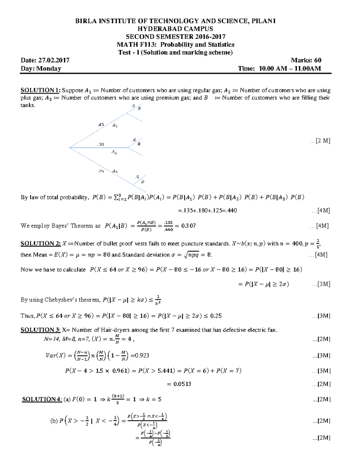 MATH F113 T1 Sol - T1 solutions - BIRLA INSTITUTE OF TECHNOLOGY AND SCIENCE, PILANI HYDERABAD ...