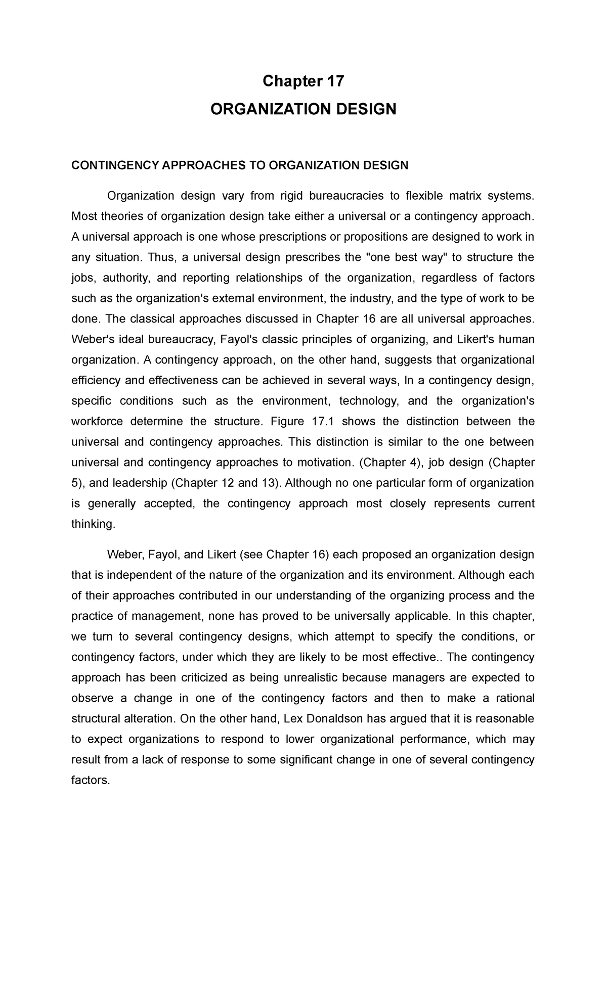 HBO chapter 17 - Lesson 5 - Chapter 17 ORGANIZATION DESIGN CONTINGENCY ...