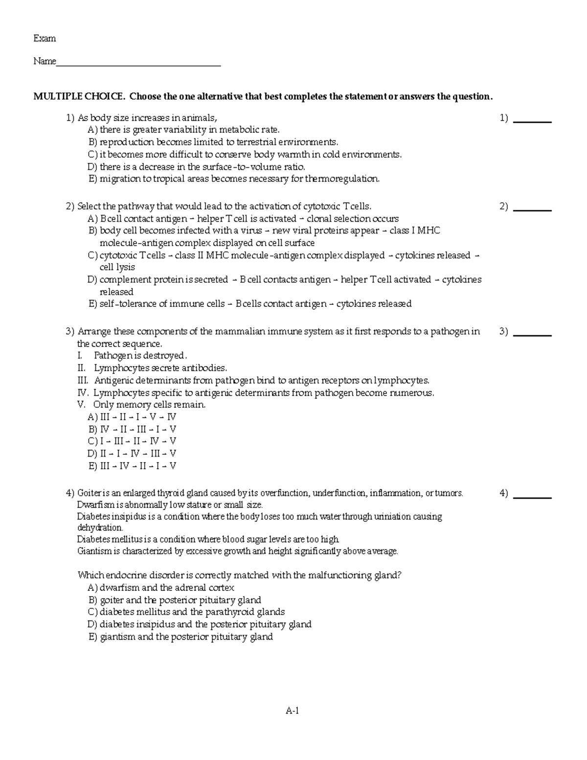 Bio II Unit Test 4 practice - Exam Name ...