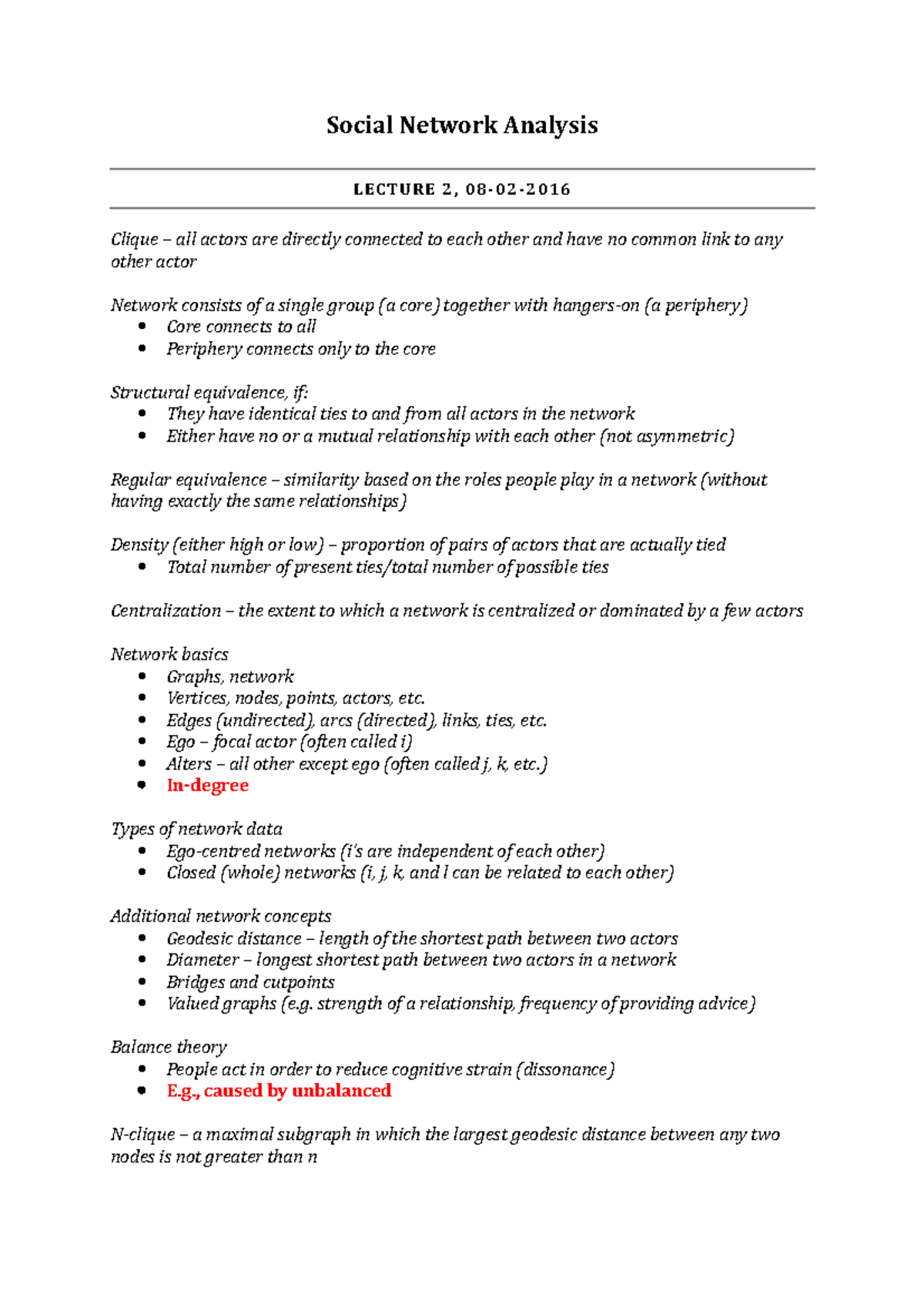 Social Network Analysis - Lecture notes, lectures 2 - 4 - Social ...