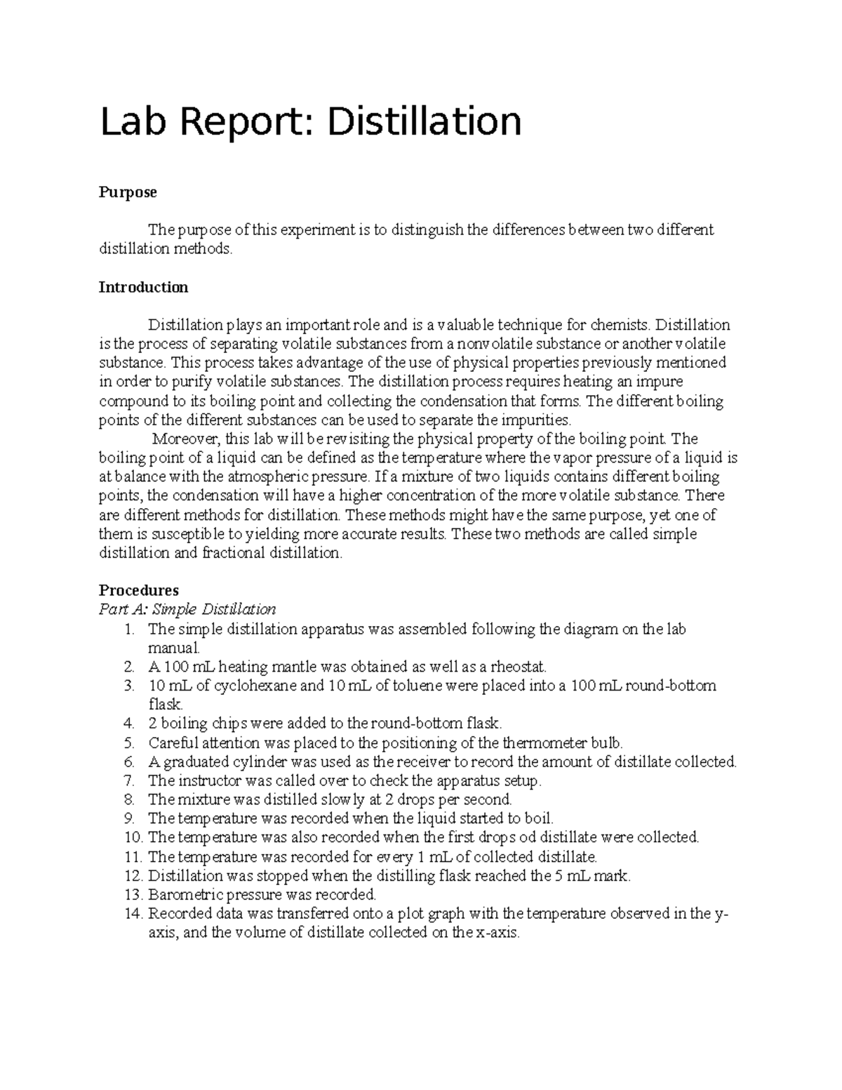 LAB Distillation, Part A: Simple Distillation, Part B: Fractional ...