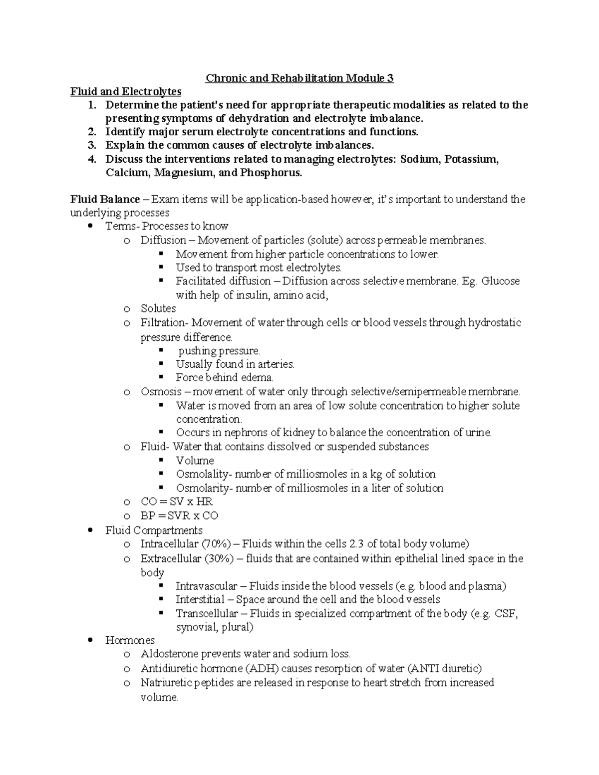 Exam 2 notes - Chronic and Rehabilitation Module 3 Fluid and ...
