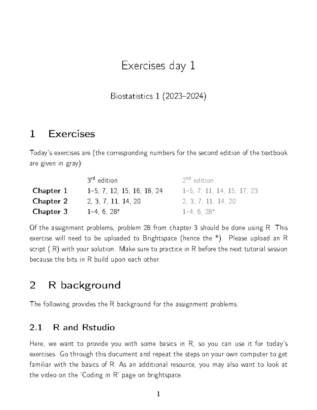 Exercises-Day01 - tutorial questions for day 1 - Exercises day 1 Biostatistics 1 (2023–2024) 1 ...