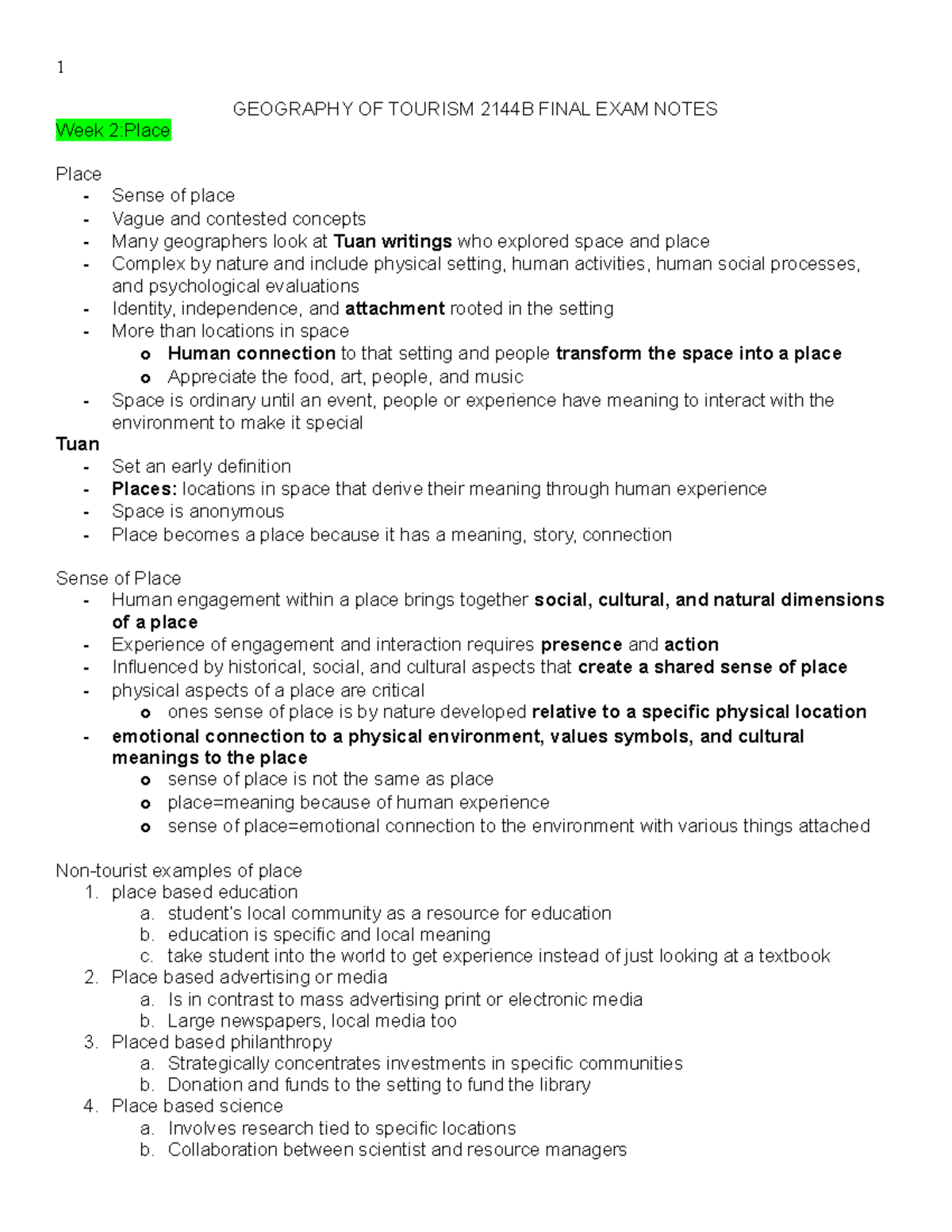 Final Notes - GEOGRAPHY OF TOURISM 2144B FINAL EXAM NOTES Week 2:Place ...