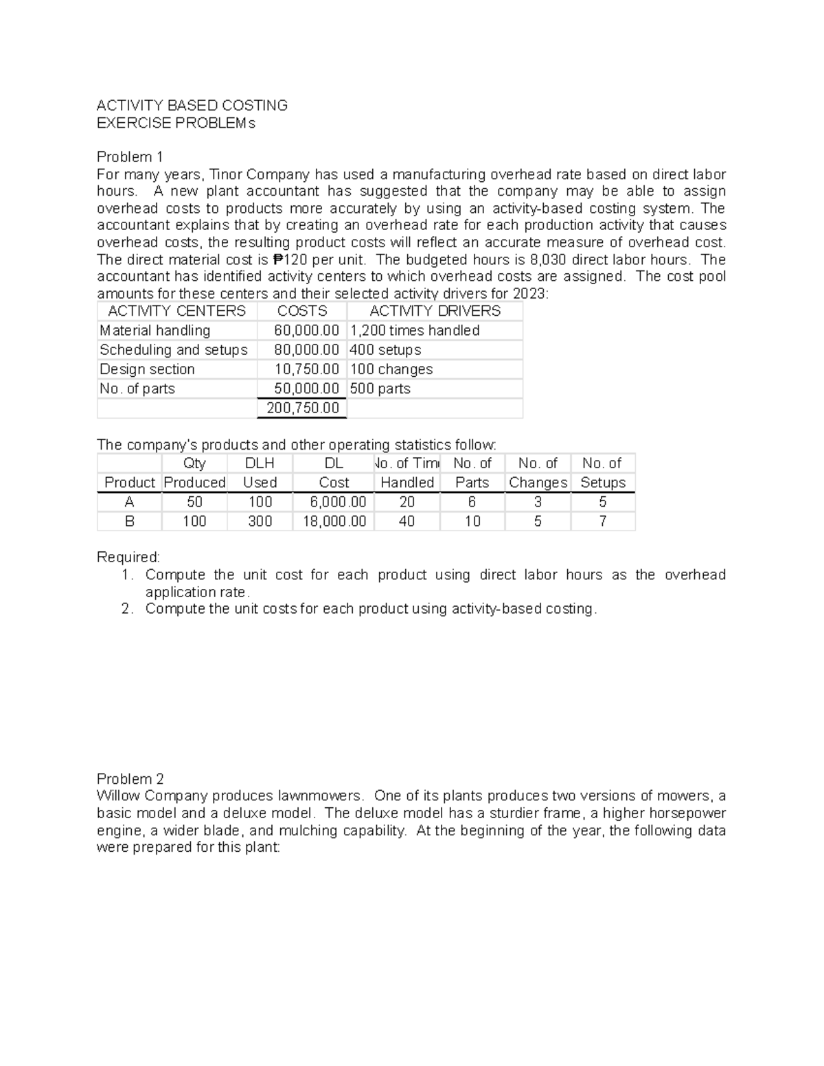 ABC - ACTIVITY BASED COSTING EXERCISE PROBLEMs Problem 1 For many years ...