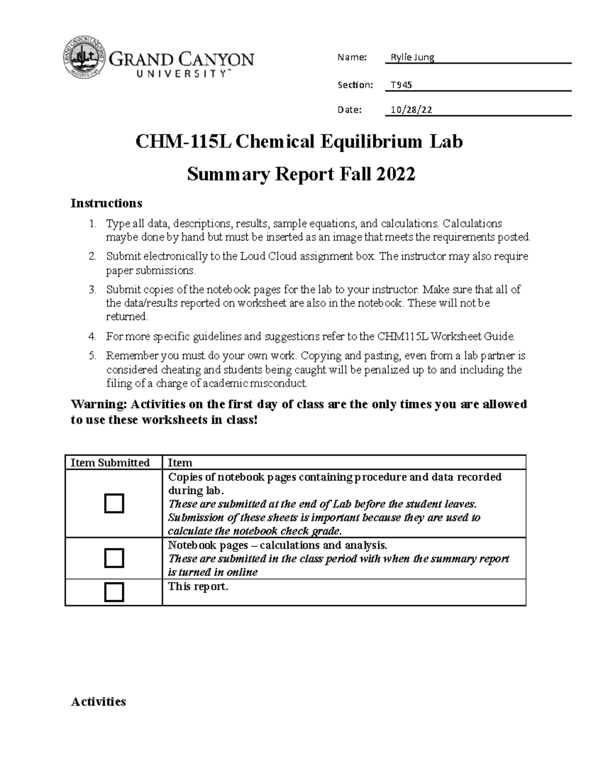 Lab 5 chemical equilibrium report - Section: T Date: 10/28/ CHM-115L ...