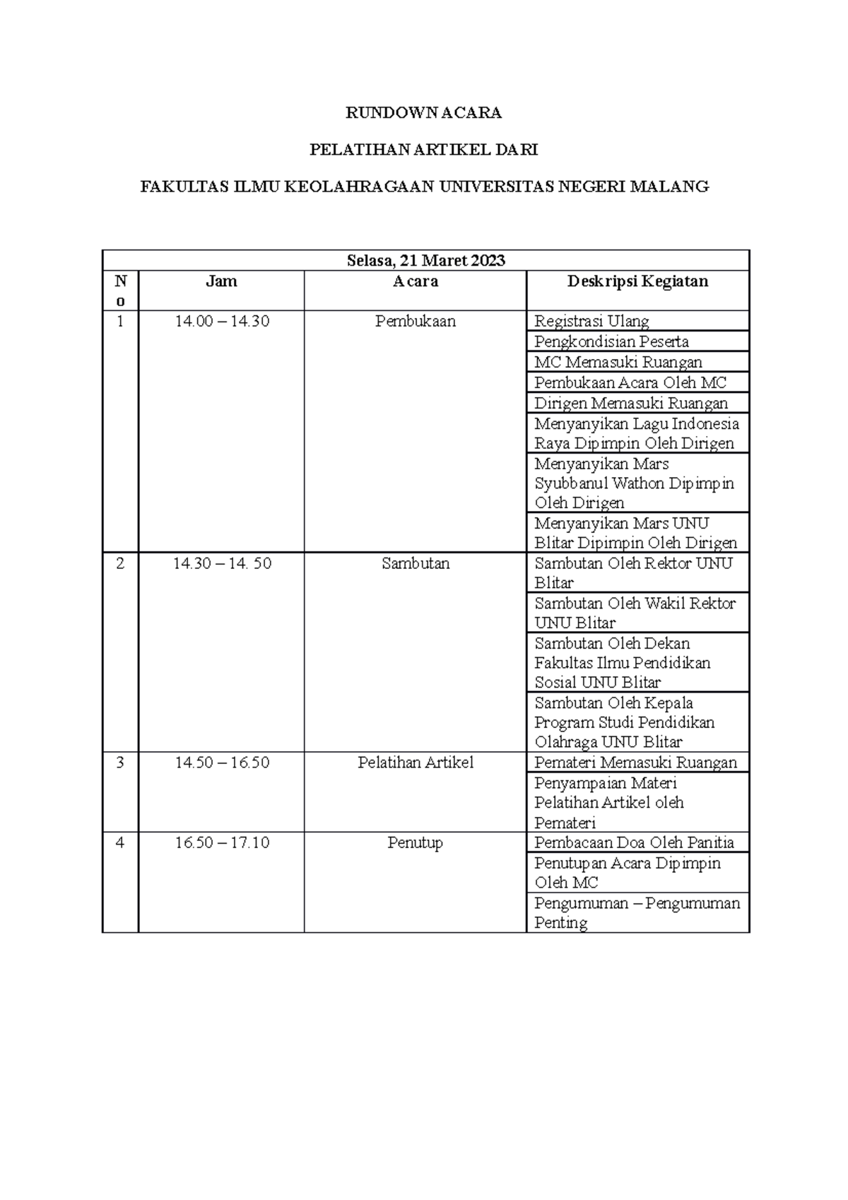 Rundown Acara Pelatihan Artikel - RUNDOWN ACARA PELATIHAN ARTIKEL DARI ...