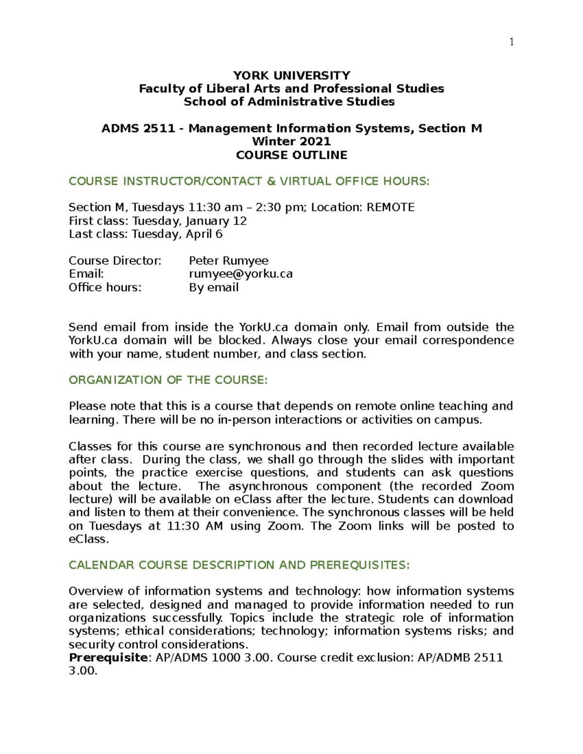 2511 Course outline - Lecture notes - YORK UNIVERSITY Faculty of ...