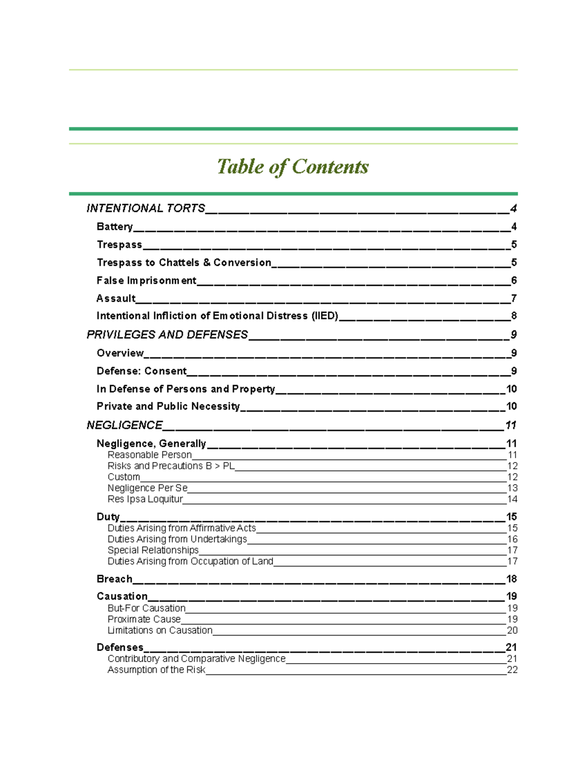 Torts Outline - Table of Contents INTENTIONAL TORTS