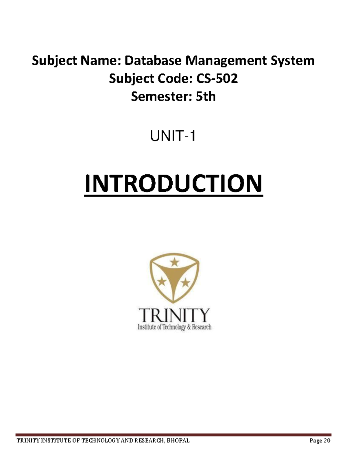 Unit 1 - Database Management System - Subject Name: Database Management System Subject Code: CS ...