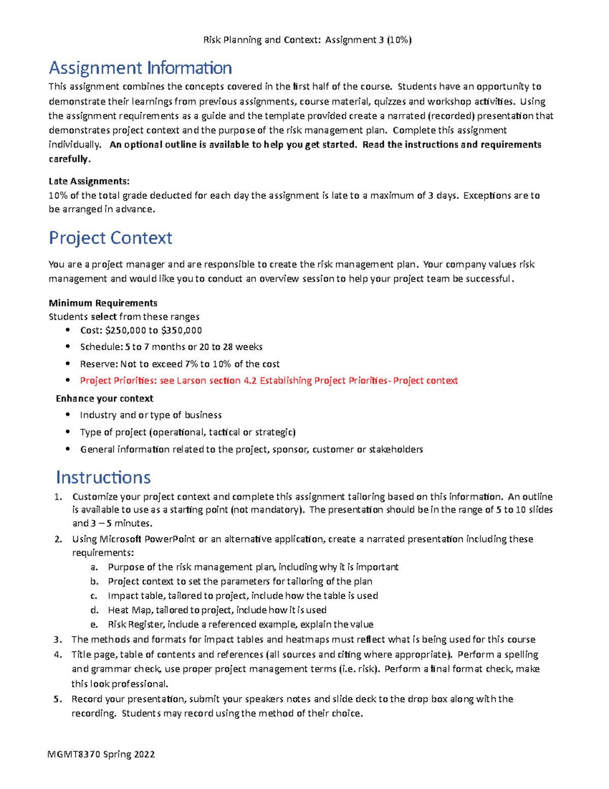 Assignment 3 Instructions Risk Planning S2022 - MGMT8370 Spring 2022 Risk Planning and Context ...