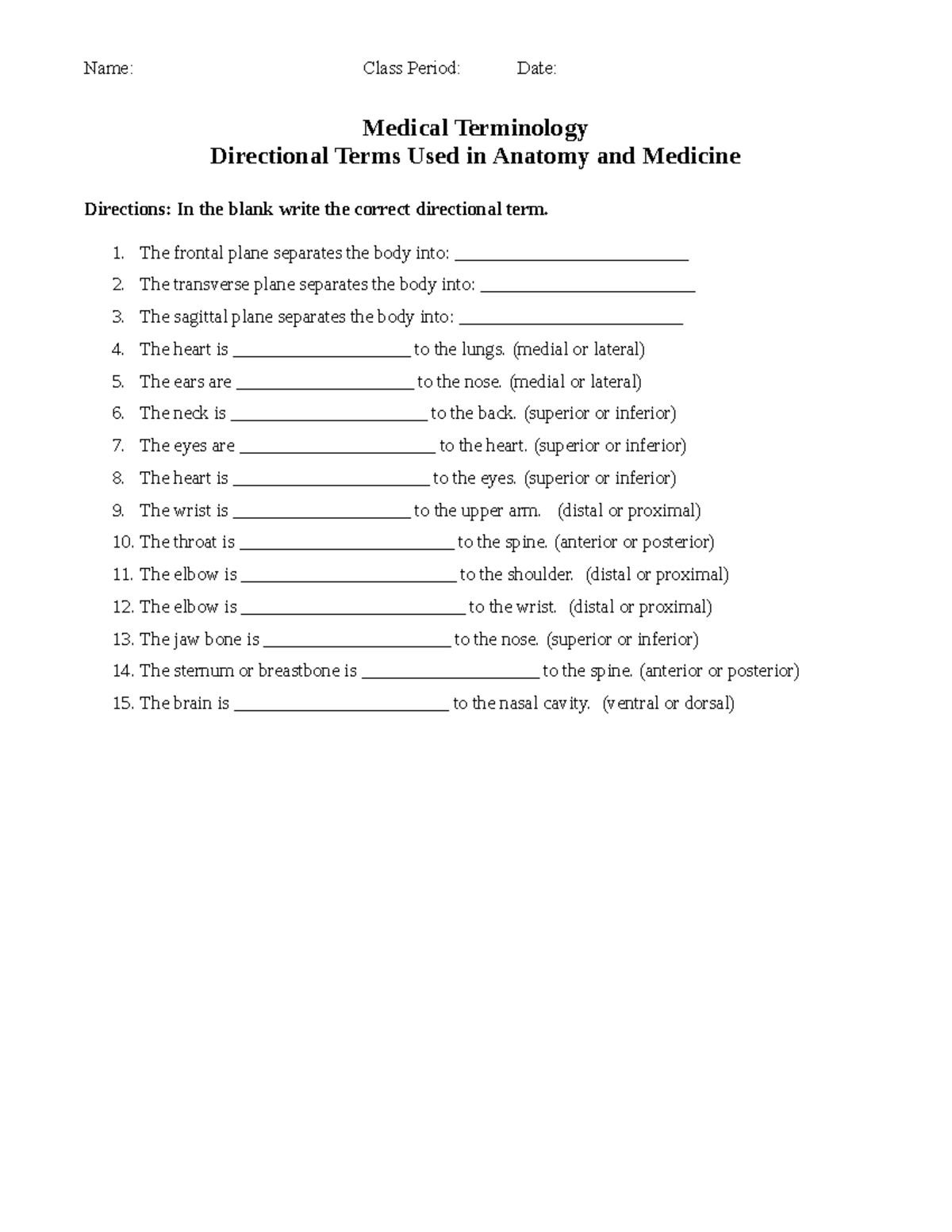 Directional+Terms+worksheet - Name: ________________________Class ...