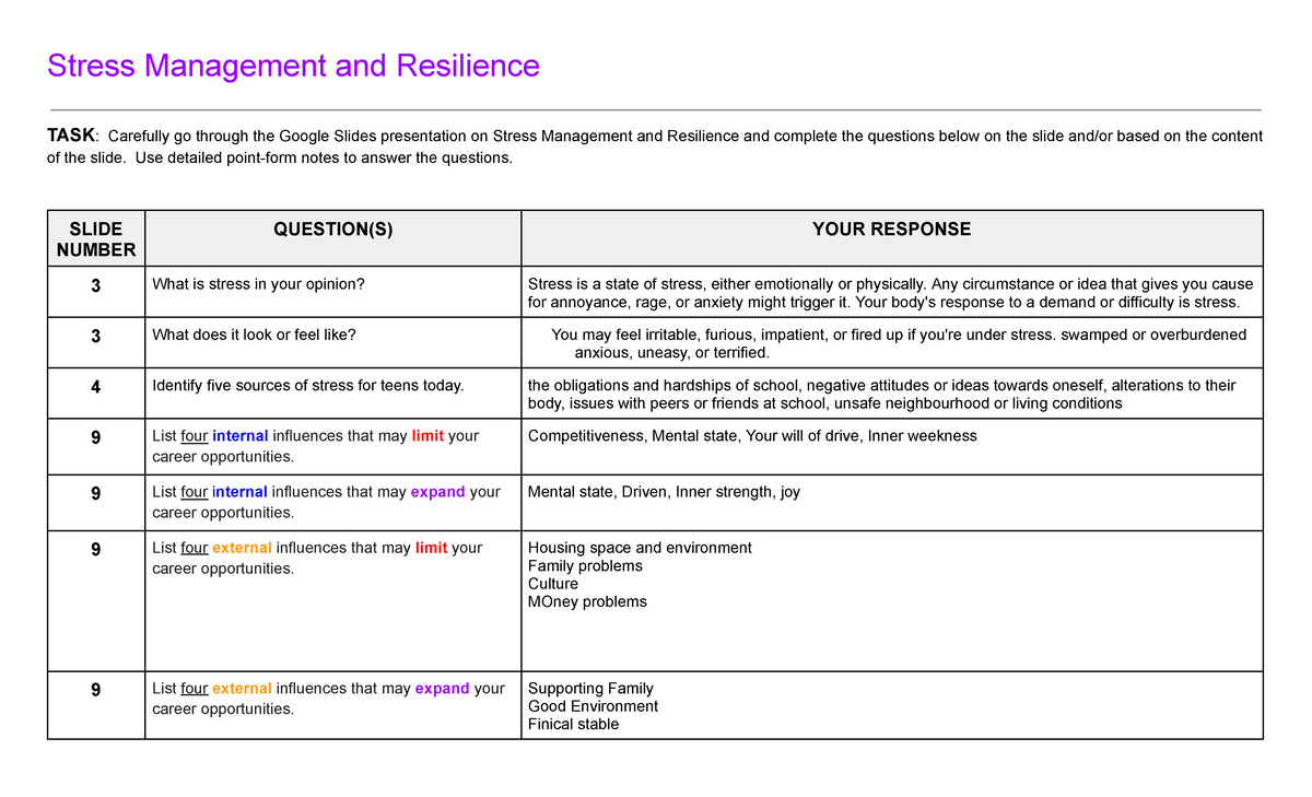 Stress Management and Resilience - Use detailed point-form notes to ...