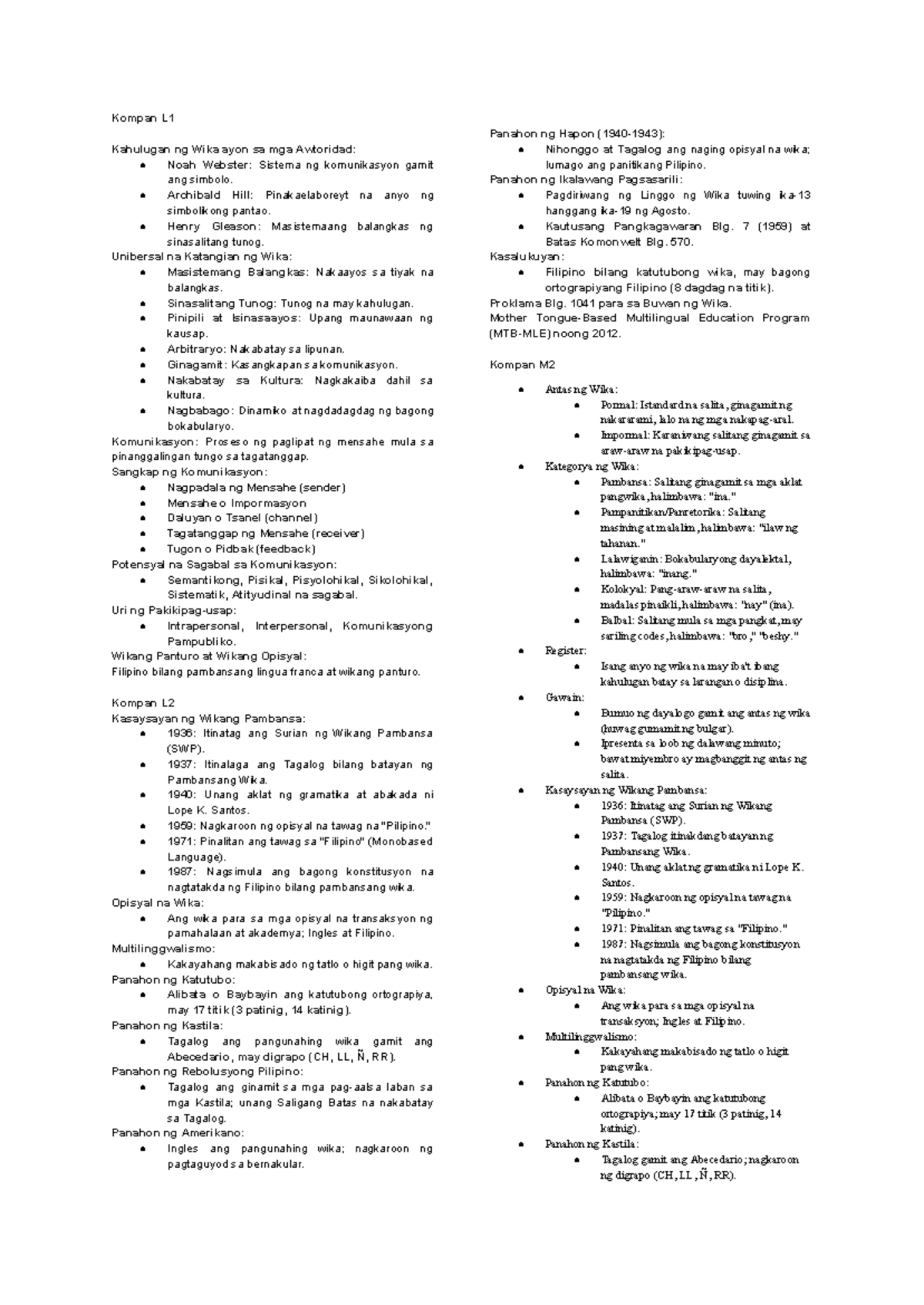 Reviewer - sdawd - Kompan L Kahulugan ng Wika ayon sa mga Awtoridad ...
