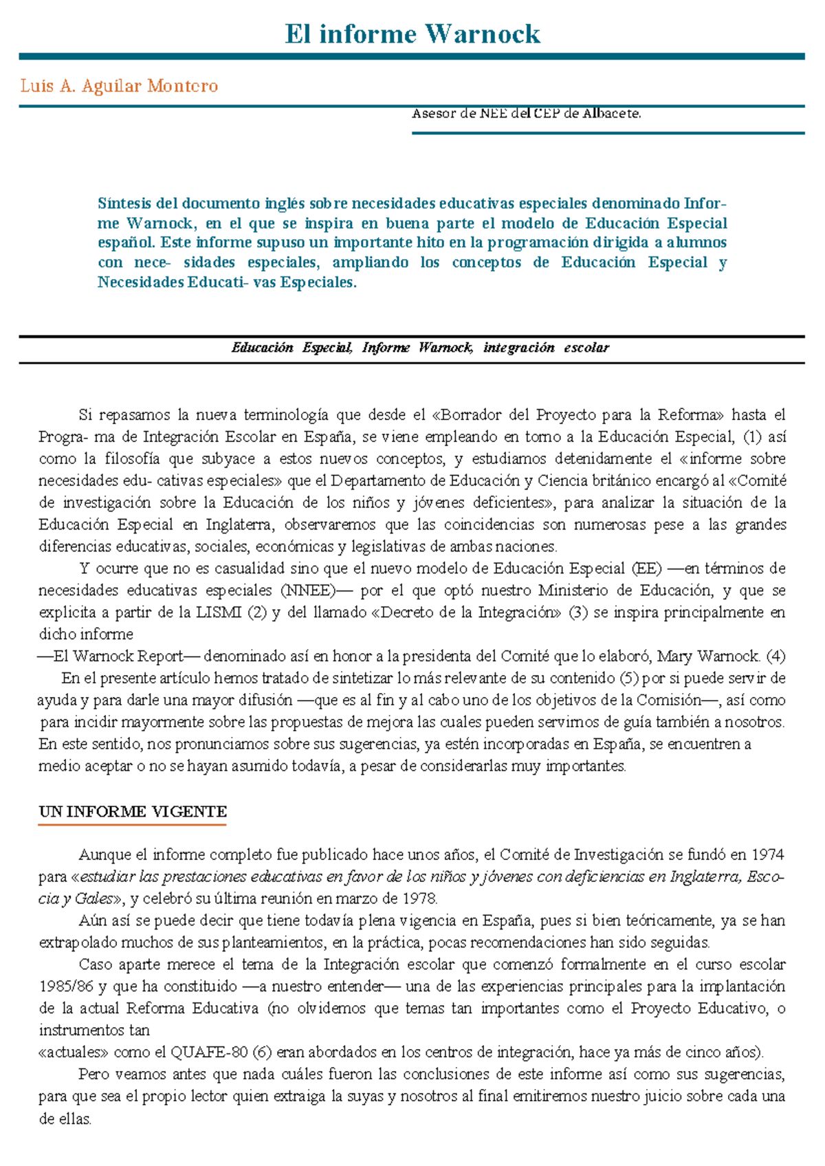 Informe Warnock - El informe Warnock Luis A. Aguilar Montero Asesor de NEE del CEP de Albacete ...
