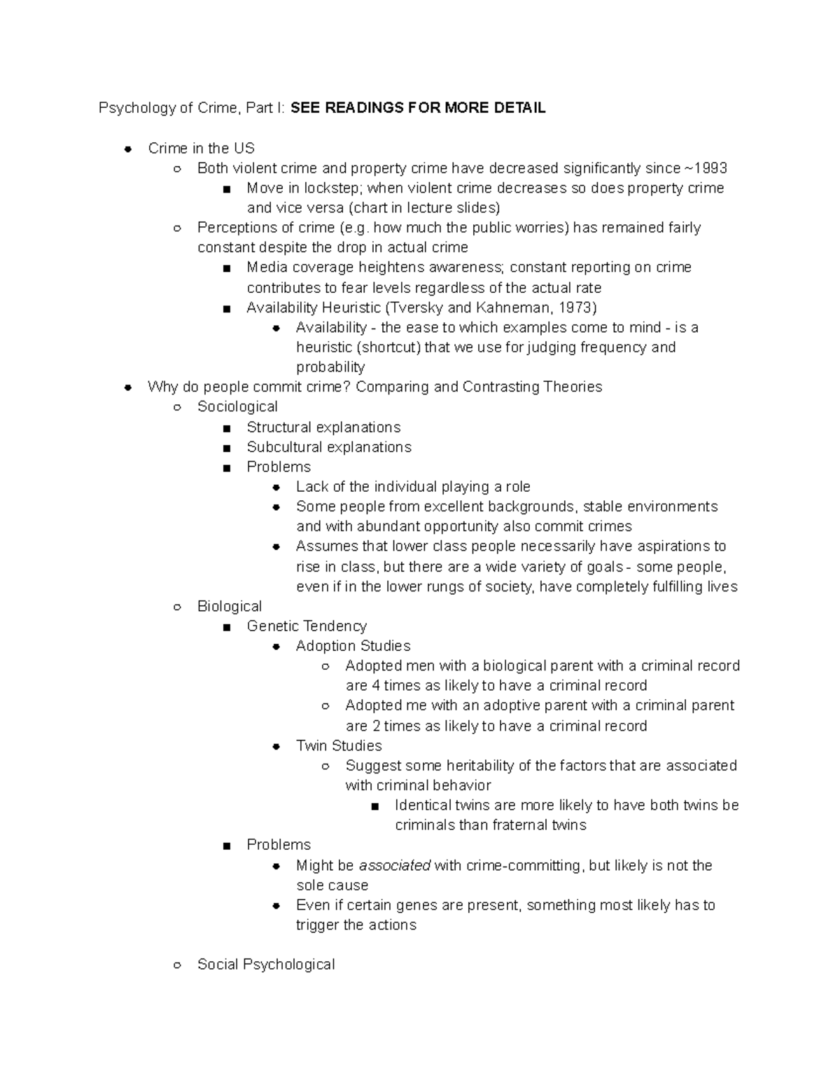 9/11/18 Lecture Notes - Psychology of Crime, Part I: SEE READINGS FOR ...