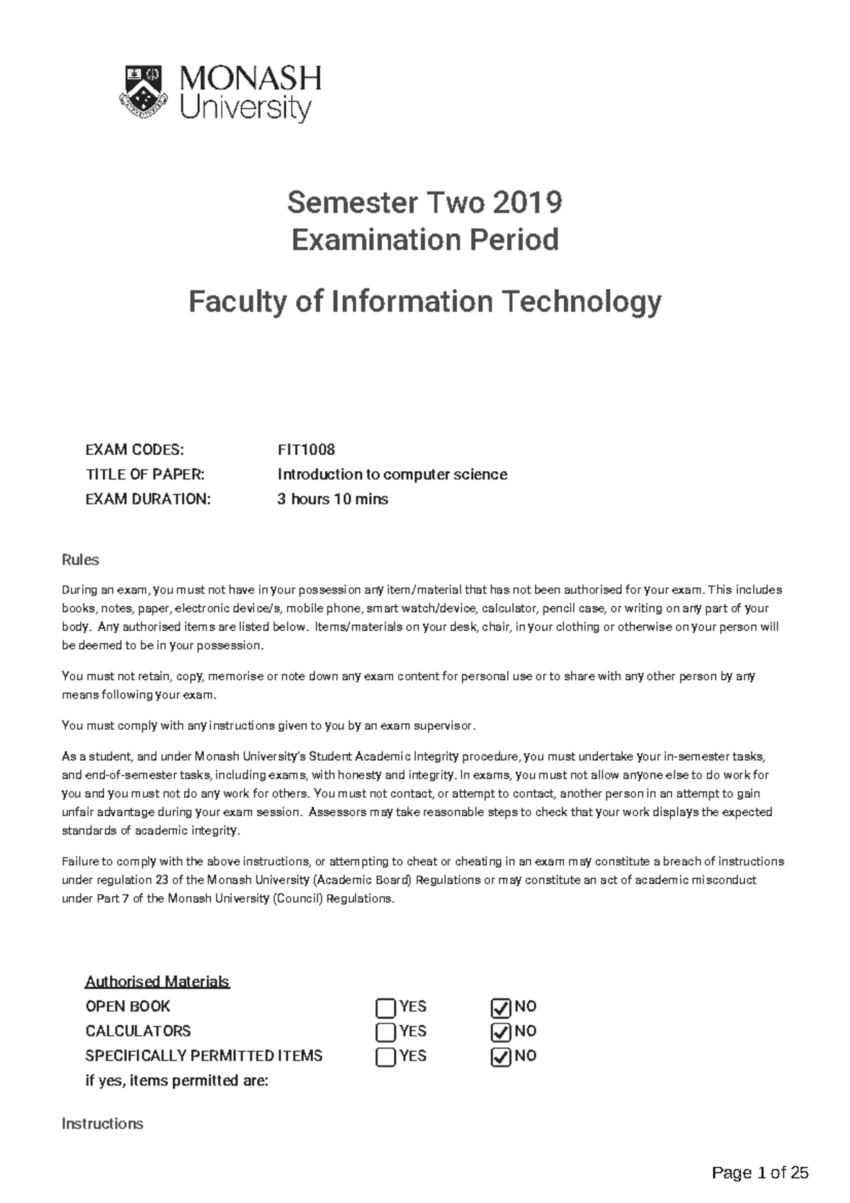 Sample/practice exam 2020, questions - Semester Two 2019 Examination ...