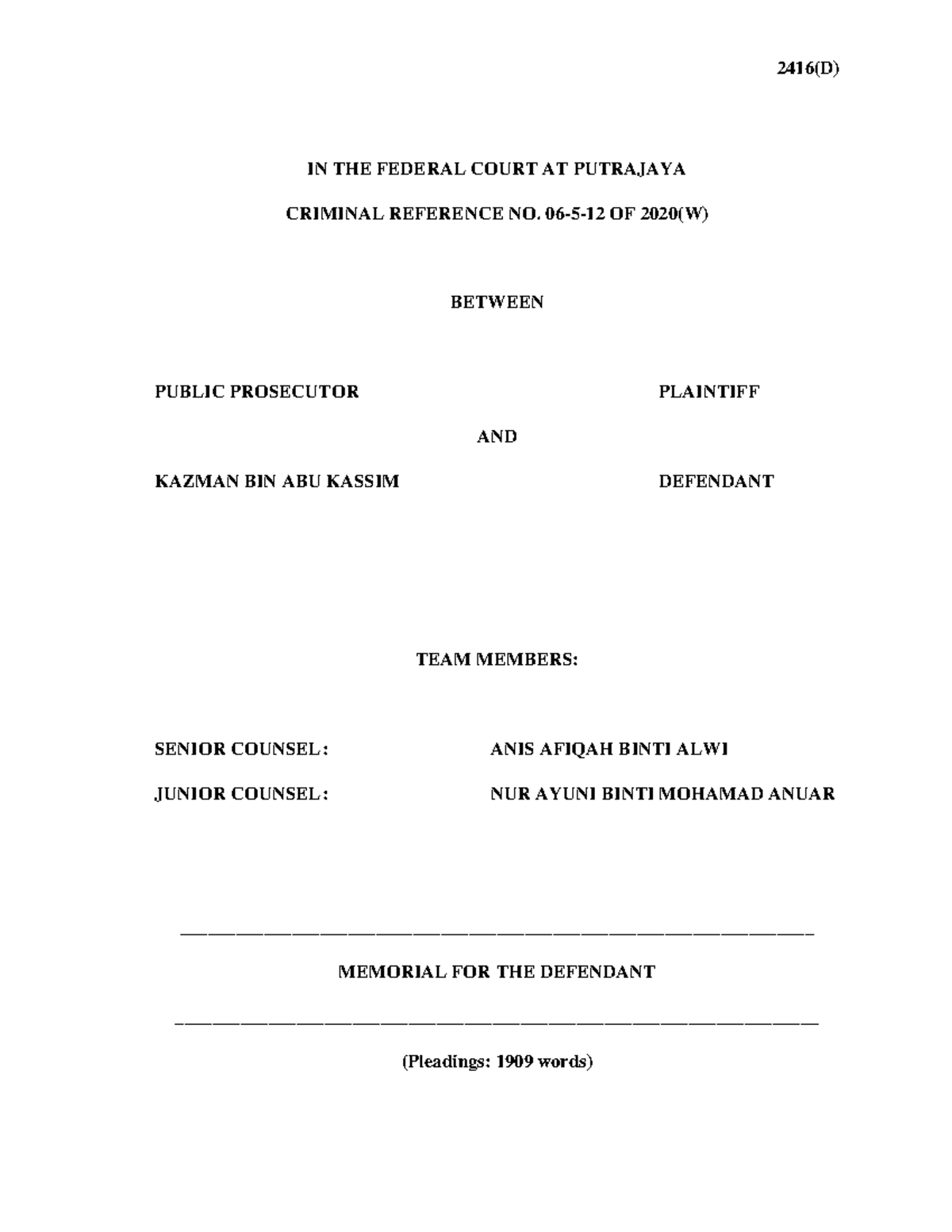 Sample of Memorial for Defendant - IN THE FEDERAL COURT AT PUTRAJAYA ...