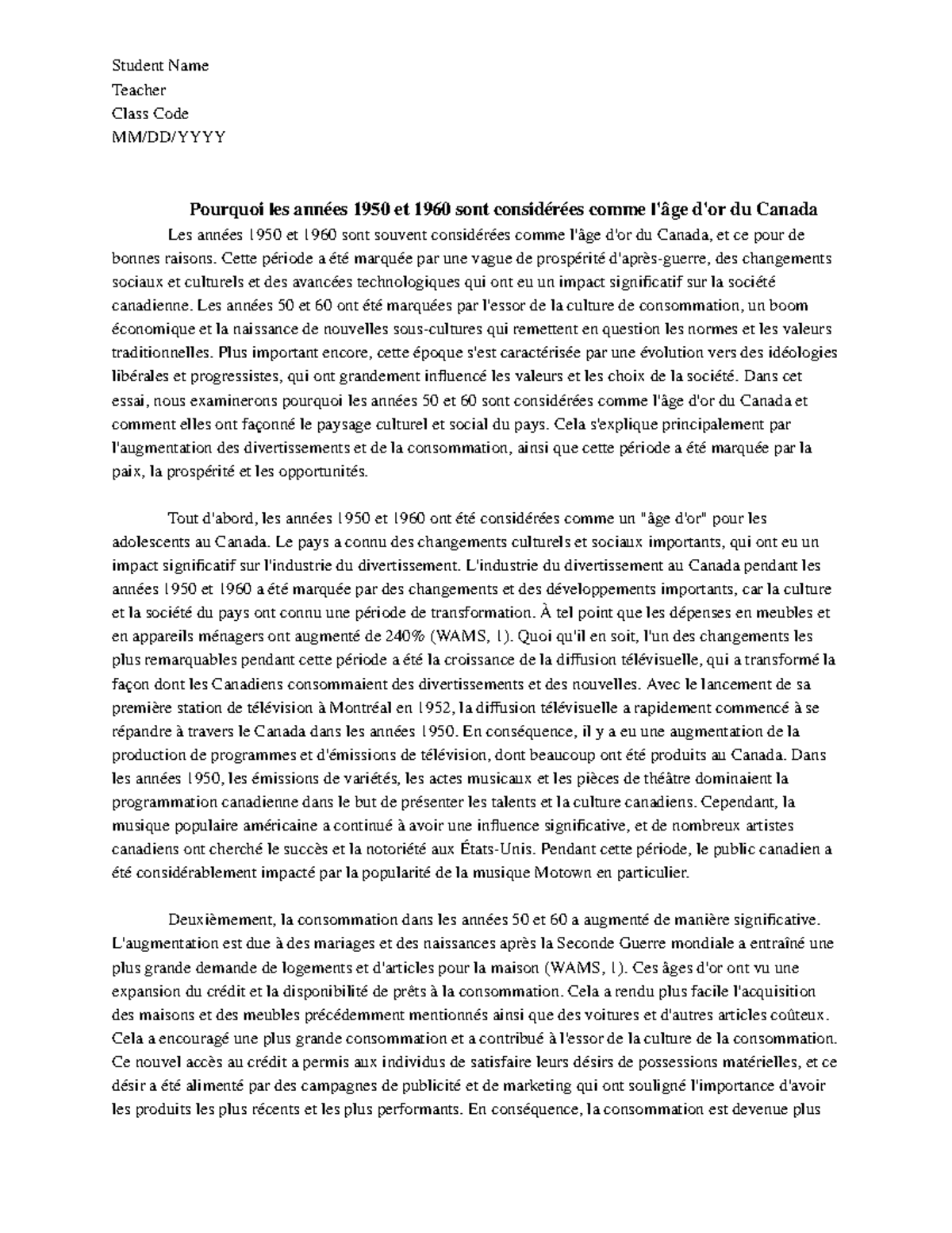 Dissertation finale - Histoire - Student Name Teacher Class Code MM/DD ...