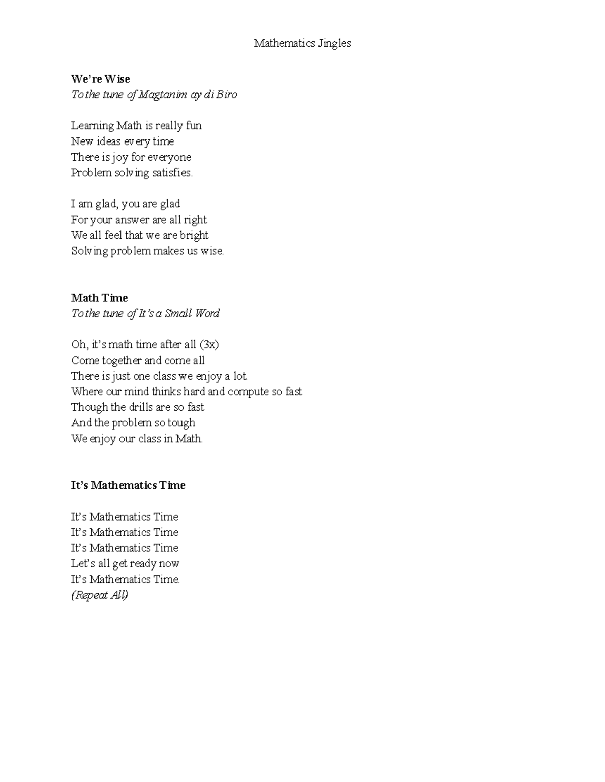 340429456-Math-Jingles - Mathematics Jingles We’re Wise To the tune of ...