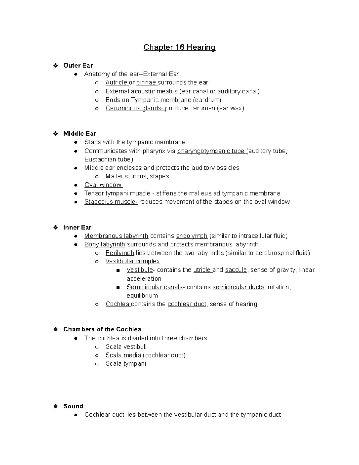 Ch. 16 Notes Hearing - Chapter 16 Hearing Outer Ear Anatomy of the ear ...