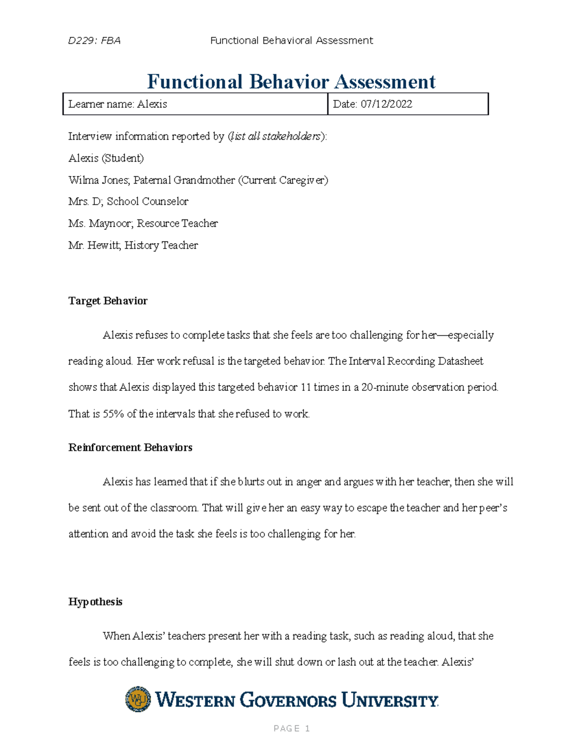 Functional Behavior Assessment (FBA) - D229: FBA Functional Behavioral ...