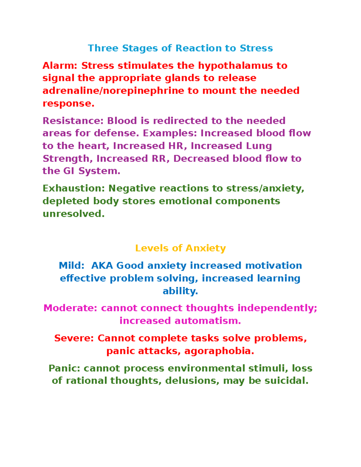 211 Notes - Three Stages of Reaction to Stress Alarm: Stress stimulates ...