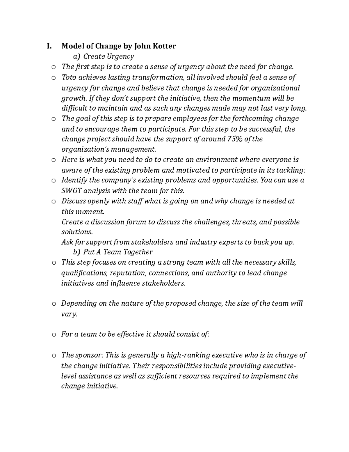 Model of Change by John Kotter - I. Model of Change by John Kotter a ...