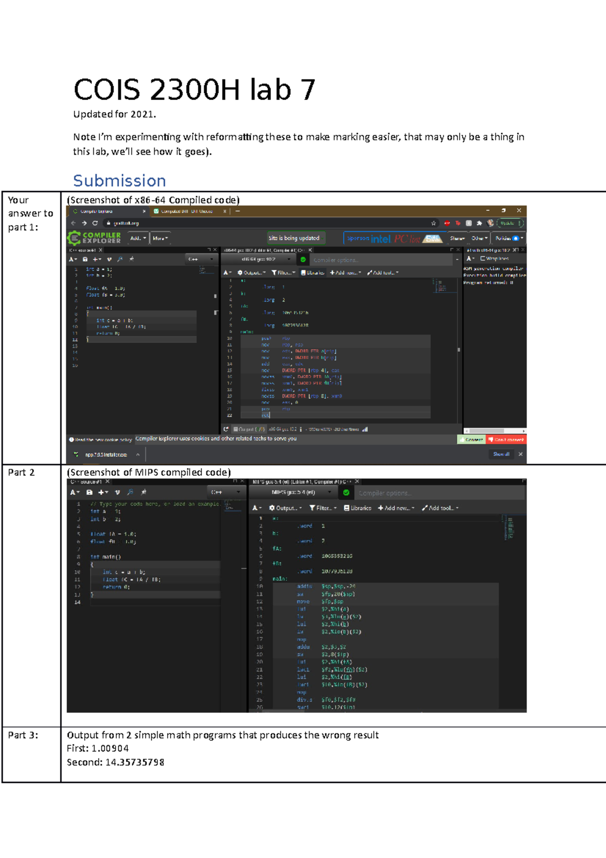 Lecture 7 Lab 7 Compiling to Assembly updated for 2021 - COIS 2300H lab 7 Updated for 2021. Note ...