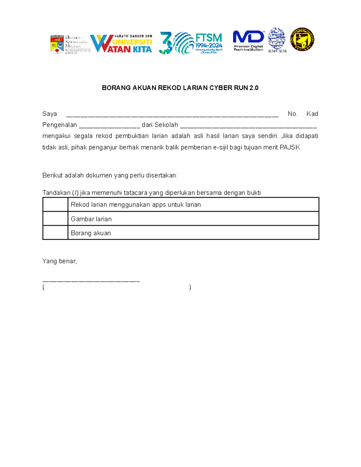 Borang Akuan Rekod Larian Cyber RUN 2.0 - BORANG AKUAN REKOD LARIAN ...