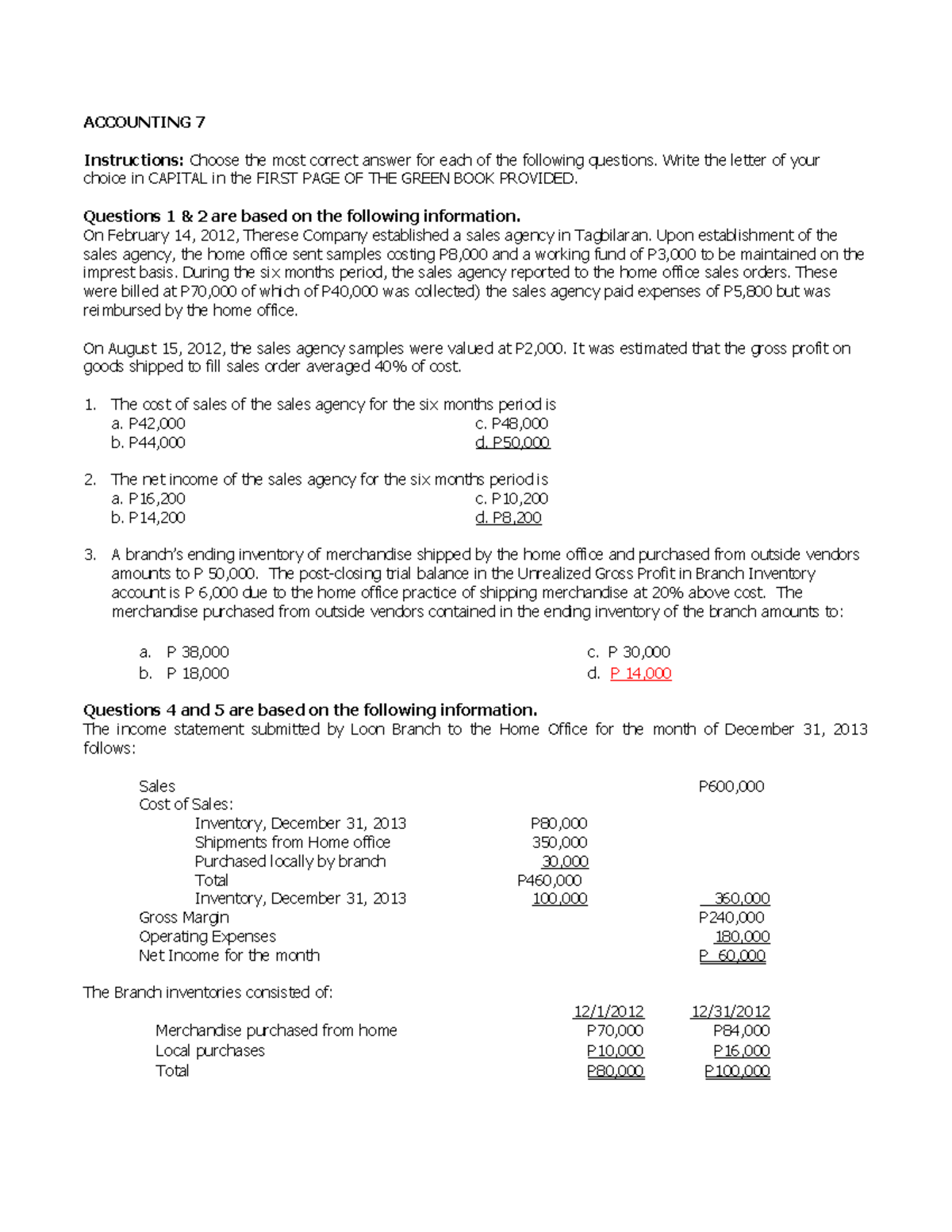 PRACTICE TEST BANK FOR AFAR - ACCOUNTING 7 Instructions: Choose the ...